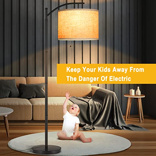 JOOFO Standing Floor Lamp with Pull Chain Switch, Fabric Linen Shade, 3 Color Temperatures Tall Arc Lamps for Bedroom and Living Room,Dorm,Office, Black