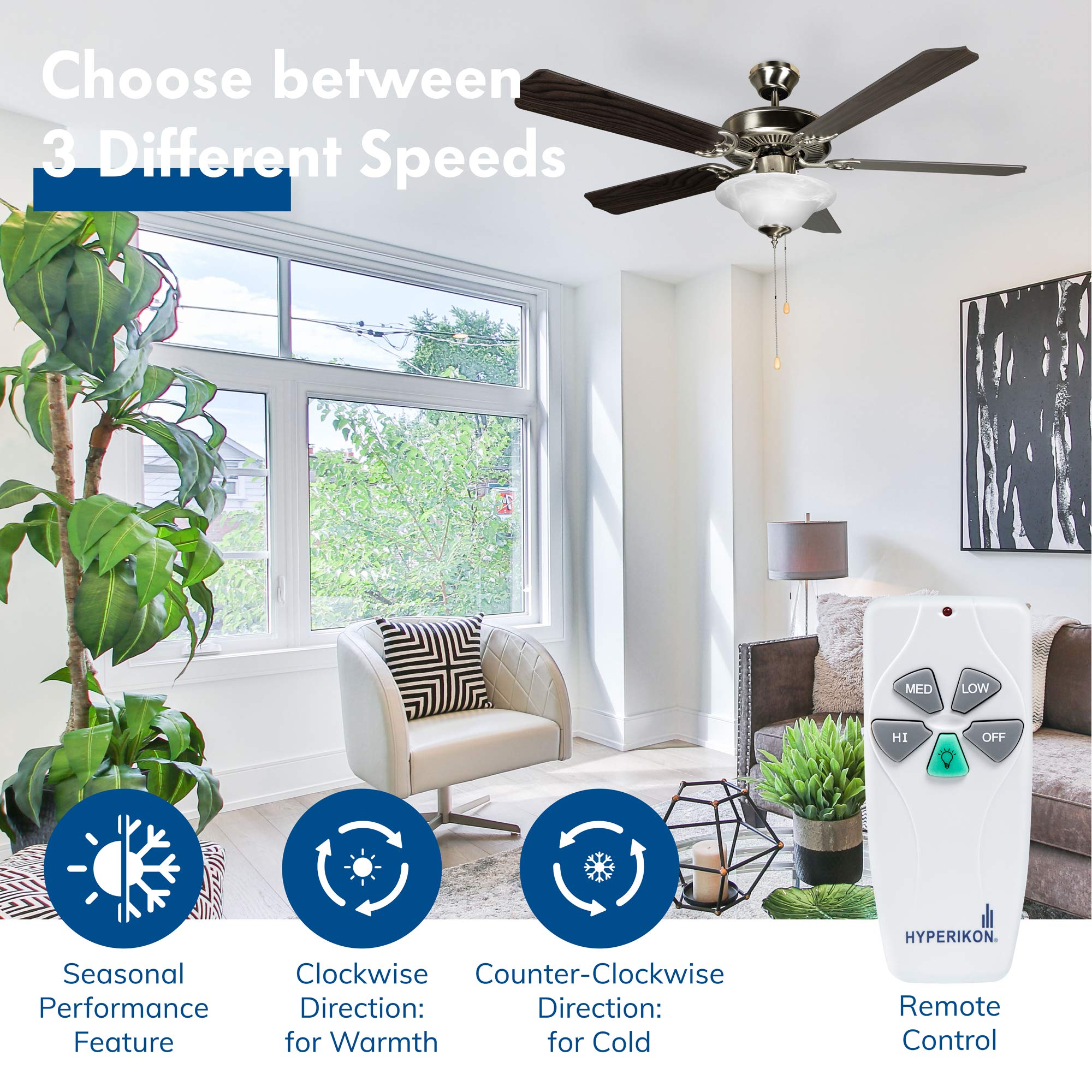 Hyperikon 52 Inch Ceiling Fan, 60W, Remote Control and Pull Chain, Brushed Nickel Body, 5 Blades, Frosted Dome Light, Walnut