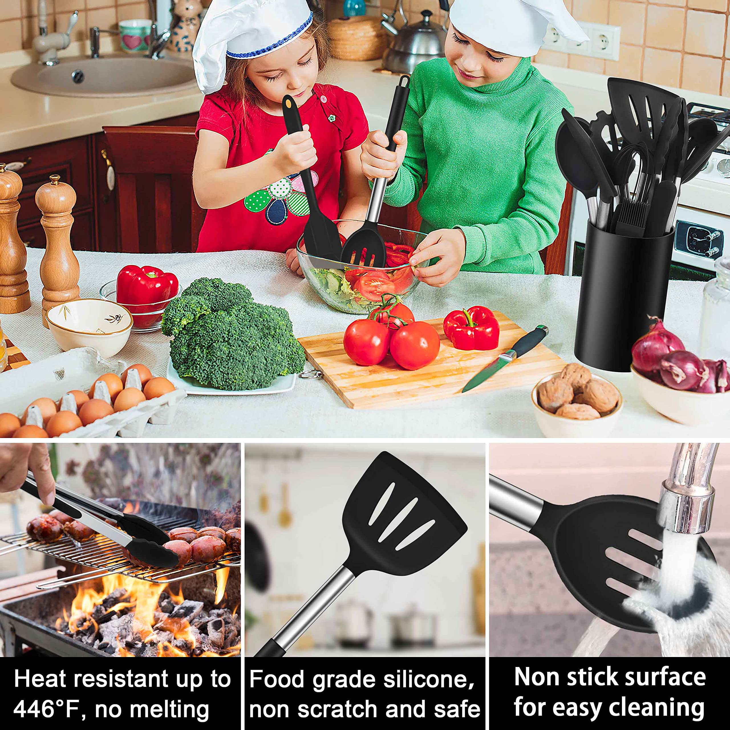 Homikit 15 Pieces Kitchen Cooking Utensils Set with Holder, Gray Silicone Utensil Sets Stainless Steel Handle, Nonstick Kitchen Tools with Spatulas Spoons Turner Tong for Cookware, Heat Resistant