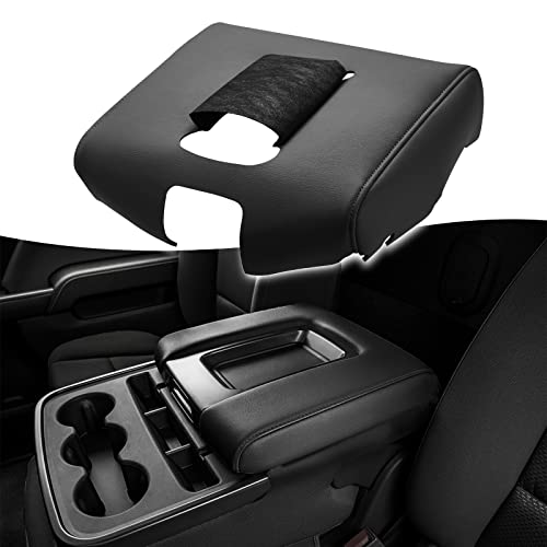 KBH Auto Center Console Cover Replacement for Chevy Chevrolet Silverado & GMC Sierra 1500 2500 3500 2014-2018, Vinyl Leather Armrest Replace Covering, Anti-Scratch, Split Bench Jump Seat (Black)