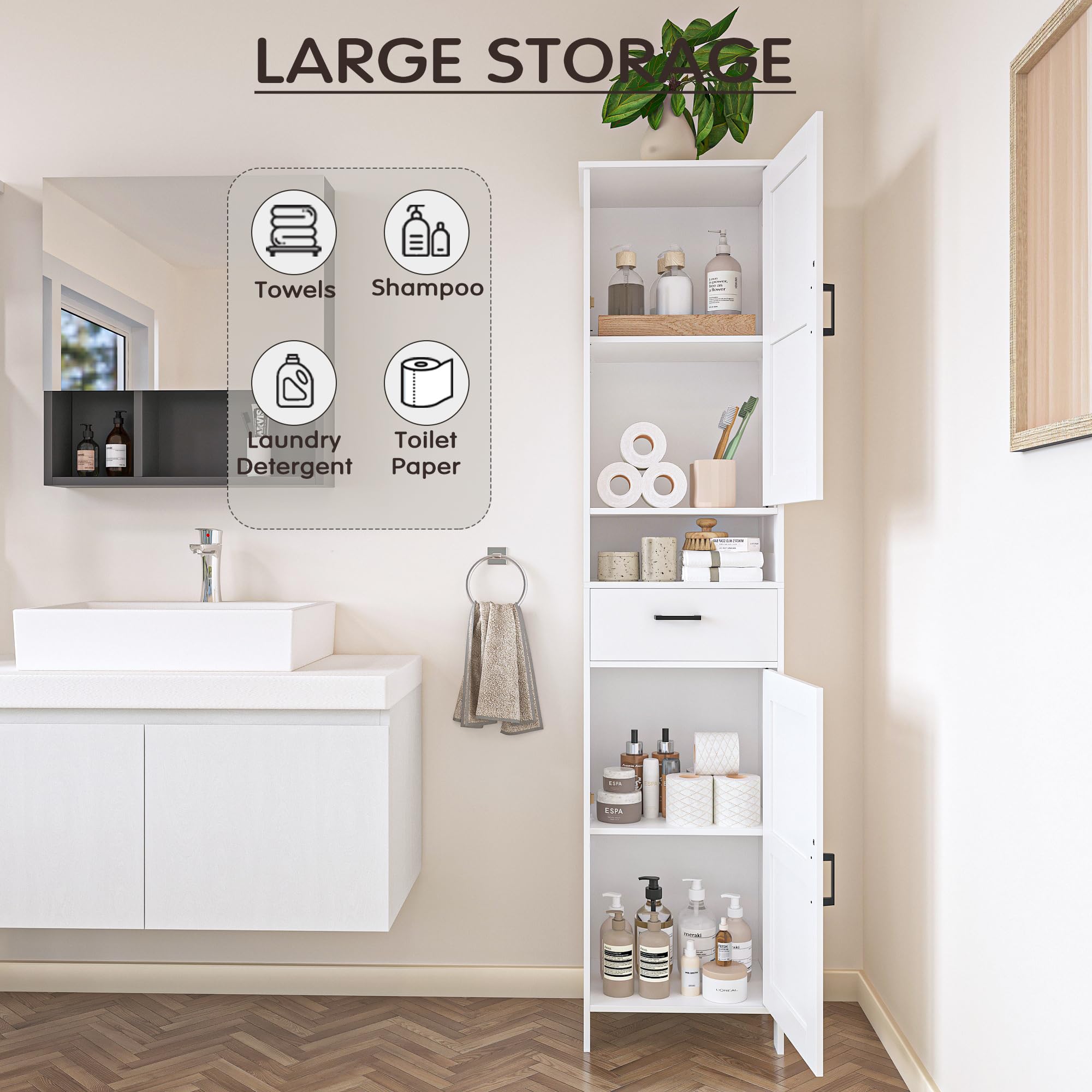 Homhedy 67" H Tall Bathroom Storage Cabinet with 2 Barn Doors and 1 Drawer,Storage Cabinet, Adjustable Shelves,Floor Cabinet for Bathroom, Living Room, Entryway, Kitchen, White