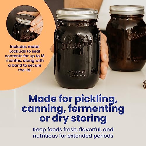 Wallaby 16oz Regular Mouth Amber Mason UV-Blocking Jars with Lid & Seal Bands - Airtight Glass Container for Canning, Pickling, Food Storage, Candles, Overnight Oats, Fruit, Jam, Jelly or DIY (4-Pack)
