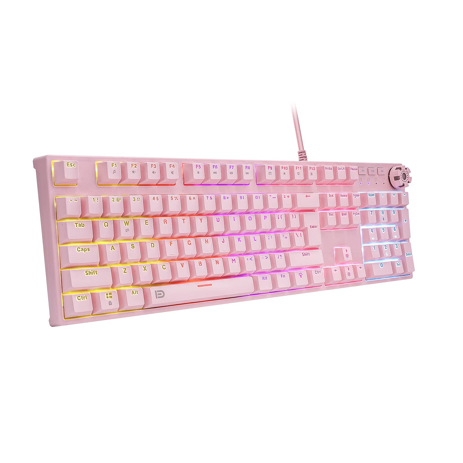 HUO JI Pink Mechanical Gaming Keyboard, USB Wired with Rainbow LED Backlit, Brown Switches, Multimedia Keys,108 Keys No Conflict