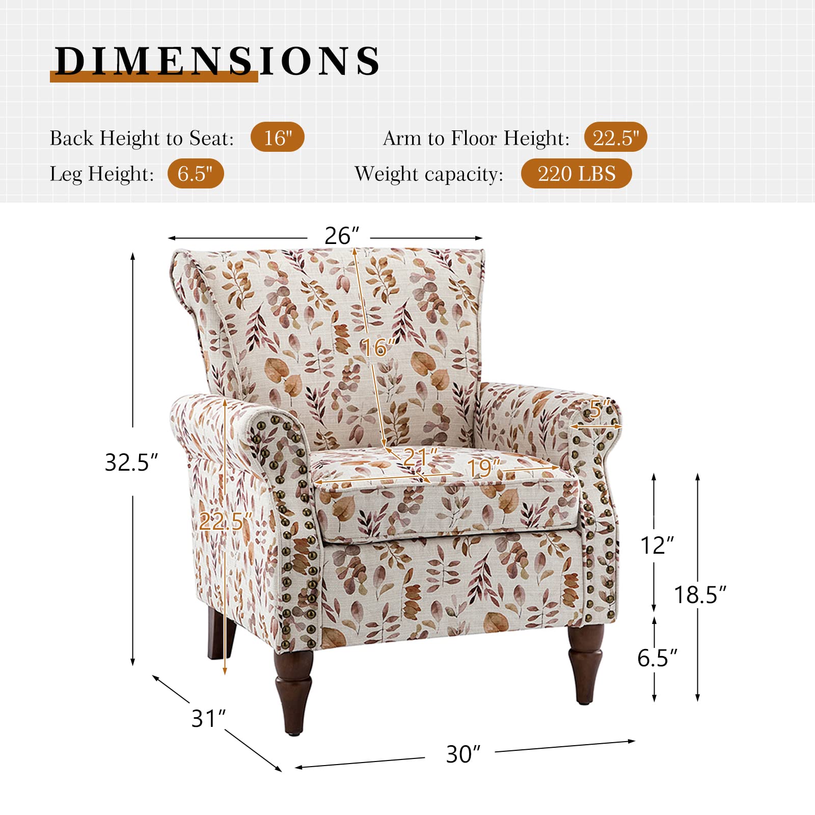 HULALA HOME Modern Wingback Accent Chair with Wood Legs & Removable Cushion, Comfy Upholstered Armchair with Nailhead Trim, Floral Pattern Single Sofa Chair for Living Room Bedroom, Yellow