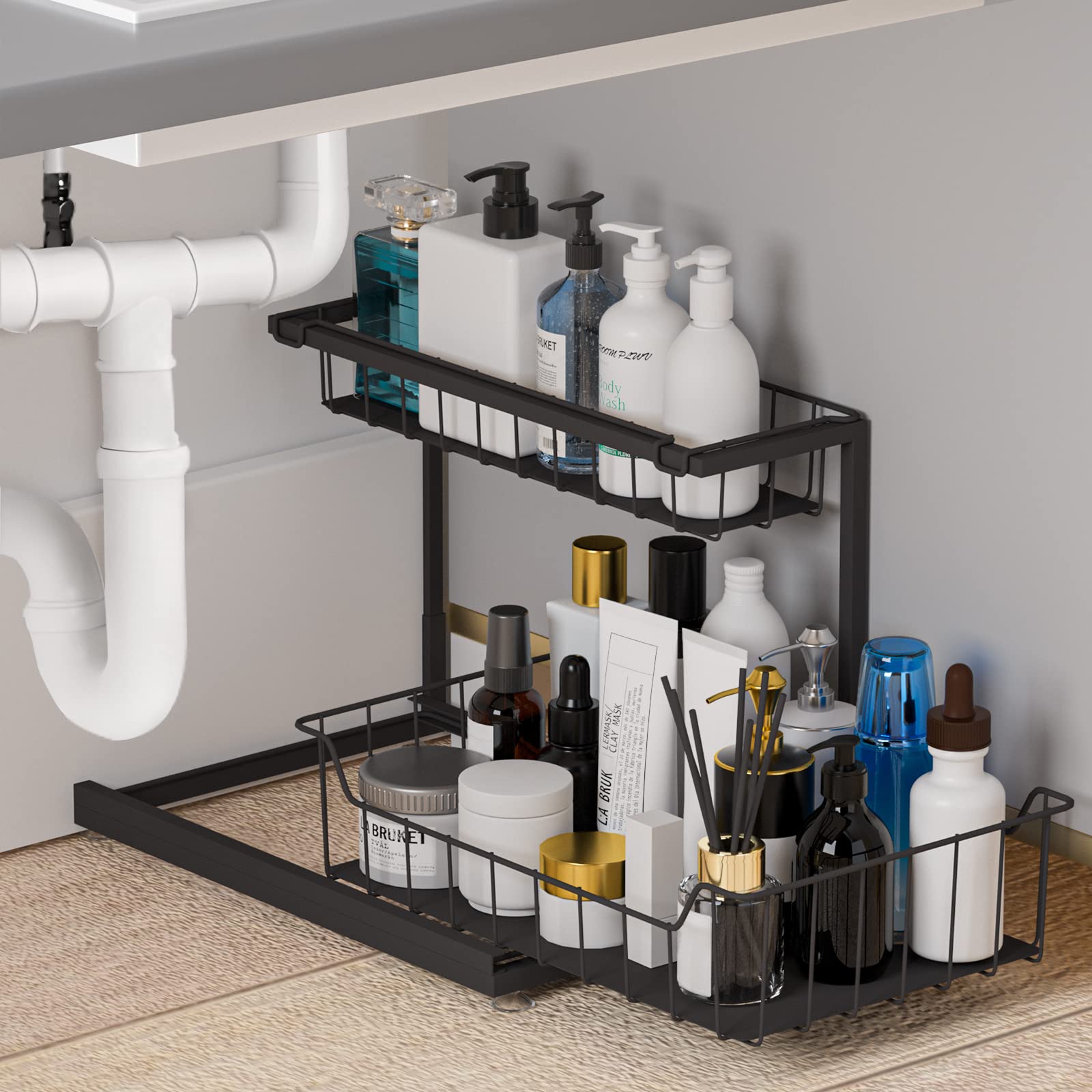 JTWEB Under Sink Organizer: L-Shaped Metal Pull Out, Ideal for Kitchen and Bathroom Sink Organization, Black
