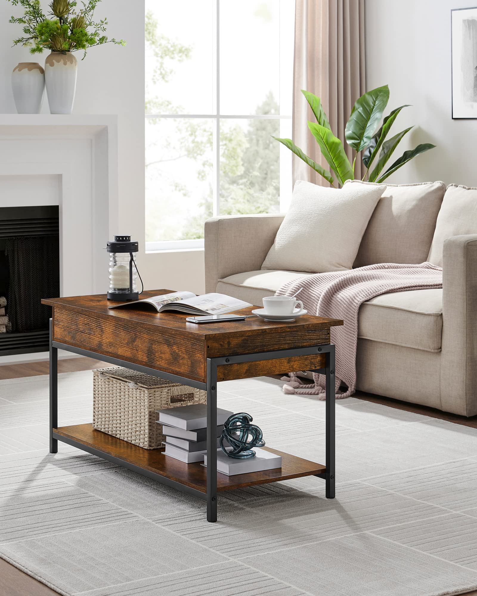 Hzuaneri Lift Top Coffee Table - with Charging Station, Modern Coffee Table with Hidden Compartment and Open Shelf, Metal Frame, for Living Room, Office Reception, Rustic Brown and Black 01701BCT