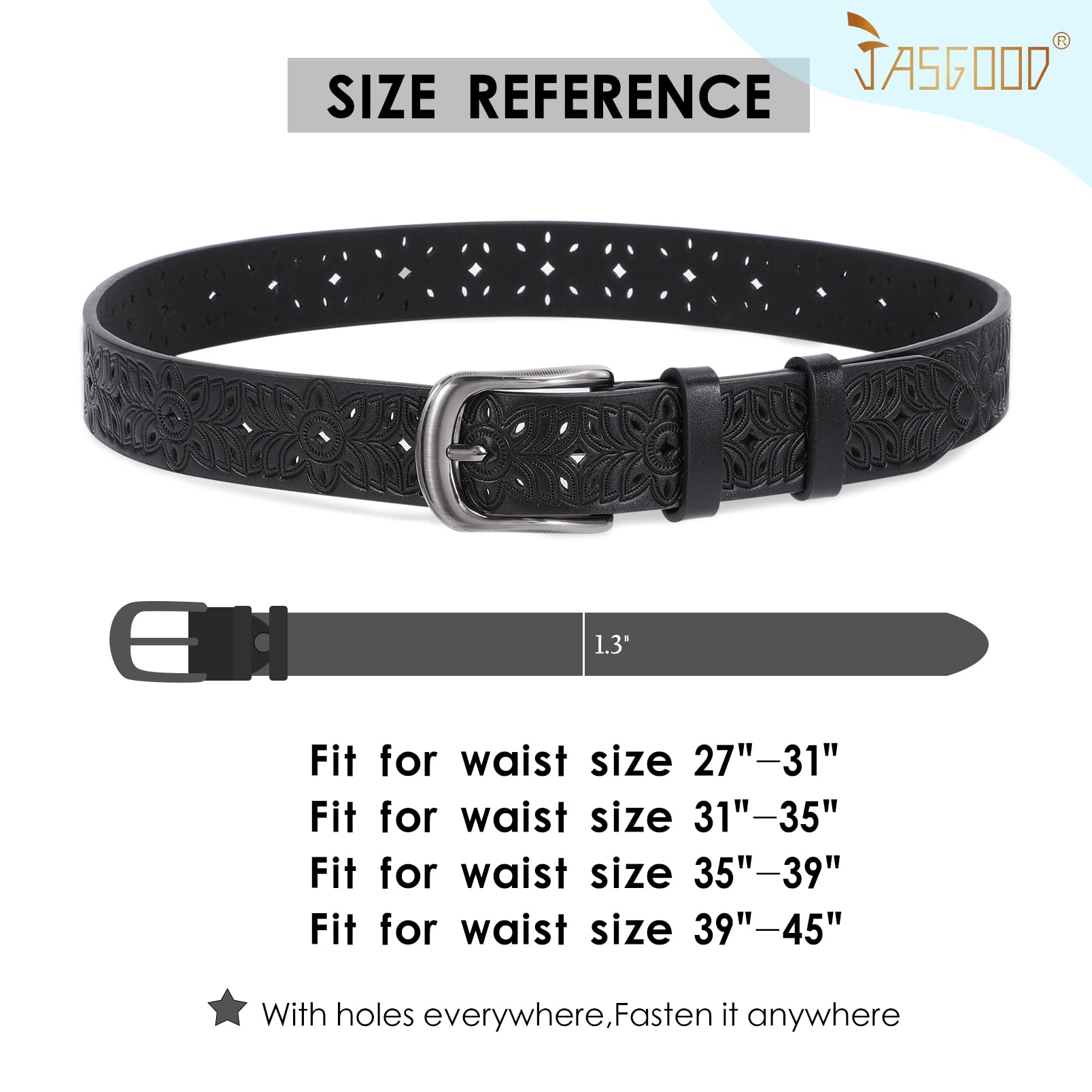 JASGOOD Hollow Leather Belt for Women, Wide Leather Belt for Jeans Pants with Pin Buckle