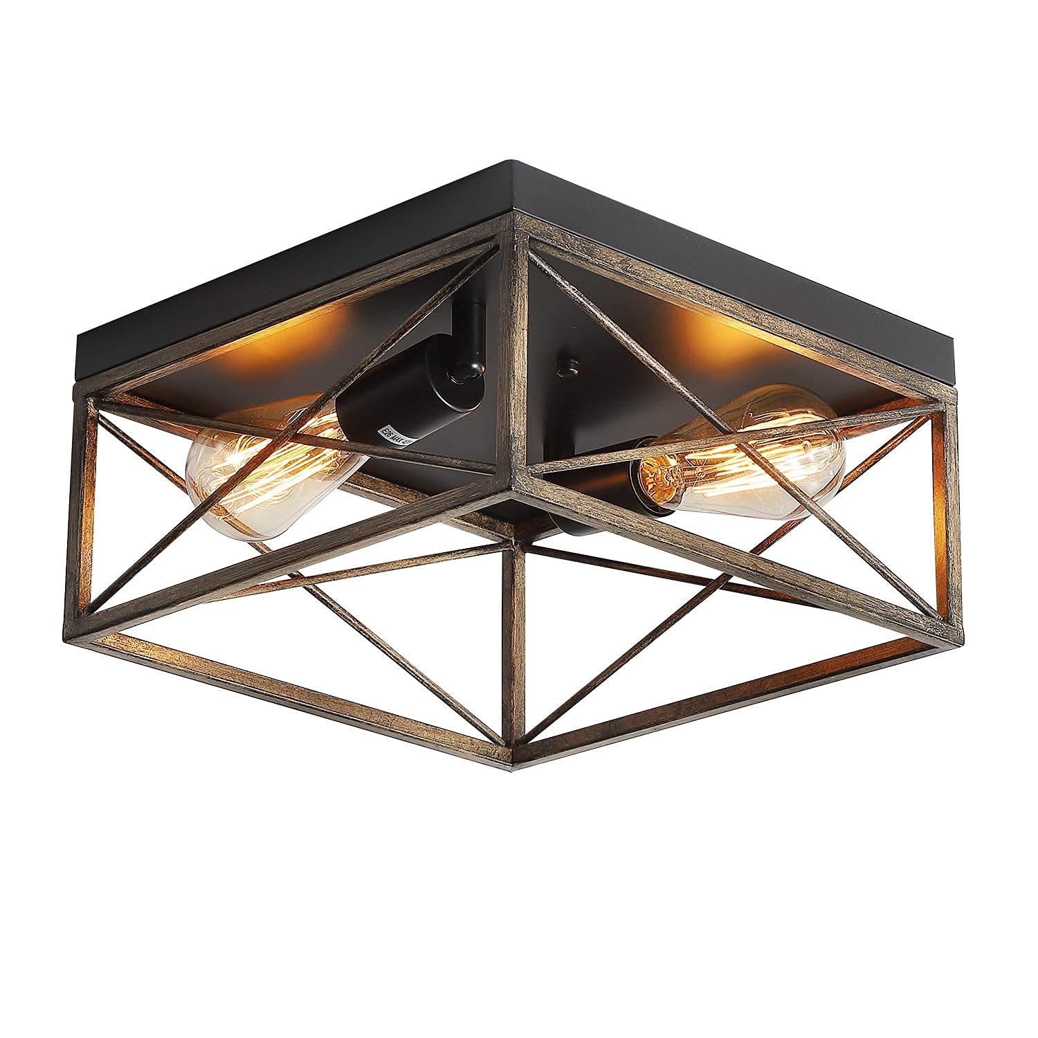 KDG Flush Mount Industrial Ceiling Light ,Adjustable,with Square Metal Cage Shade Ceiling Lighting for Entry Hallway Bedroom Bathroom.2 Lights,Faux Wood Finish
