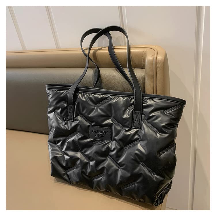 olues Big capacity Fashion Women Winter Bag Comfortable Puffer Quilted Tote Handbag Soft Shoulder Bag (Black)