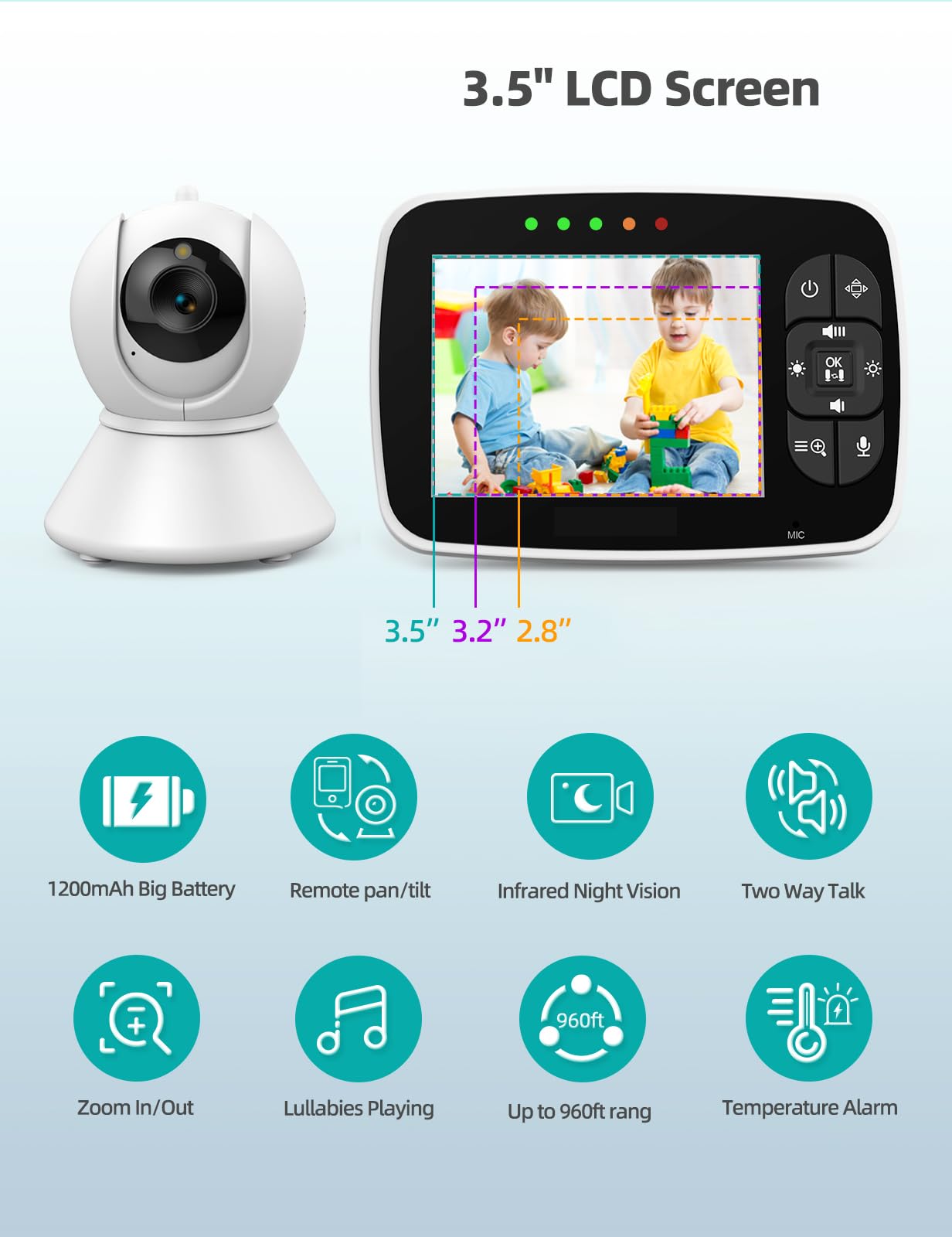 Kidsneed SM935C Baby Monitor with Camera and Audio | Keep Babies Safe with 19 Hour Battery Life, 3.5” Large Screen, Night Vision, Talk Back, Room Temperature, Lullabies, 960ft Range