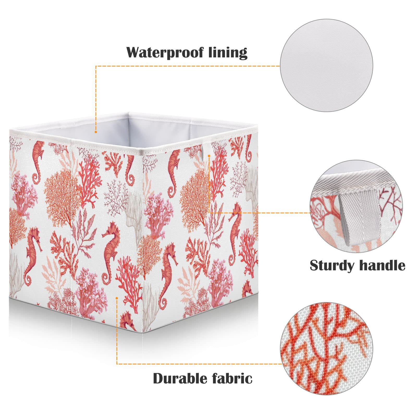 Kigai Coral Seahorse Storage Bins Cube Foldable Storage Baskets Bin Waterproof Home Organizer with Handles Basket for Toy Nursery Blanket Clothes, 11x11x11 Inch