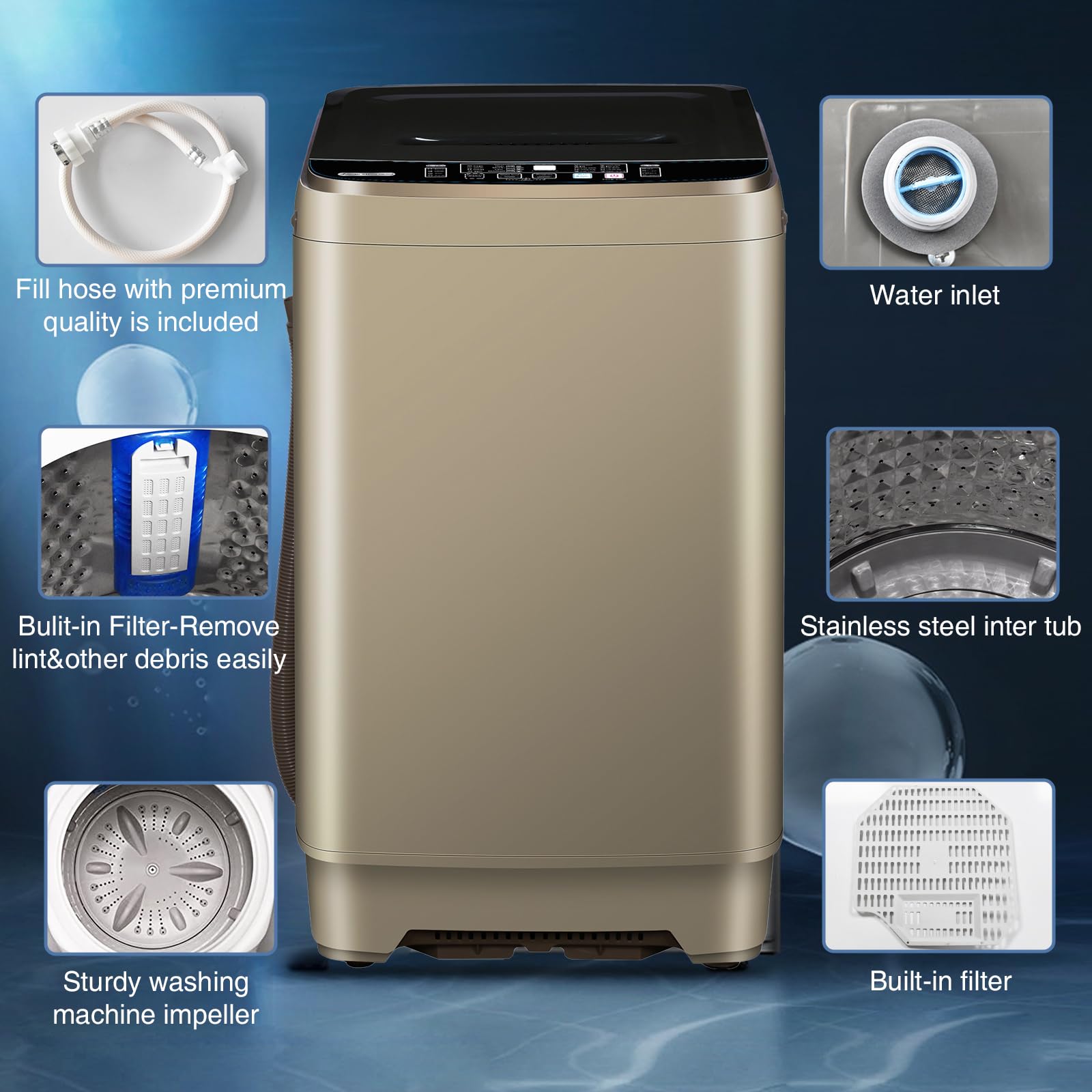 Iorbur Full Automatic Washing Machine, 15.6 lbs Top Load Portable Washer with Drain Pump, LED Display with 10 Programs & 8 Water Levels Selections, Ideal for Apartment, Dorm, RV, Camping, Dark Gold