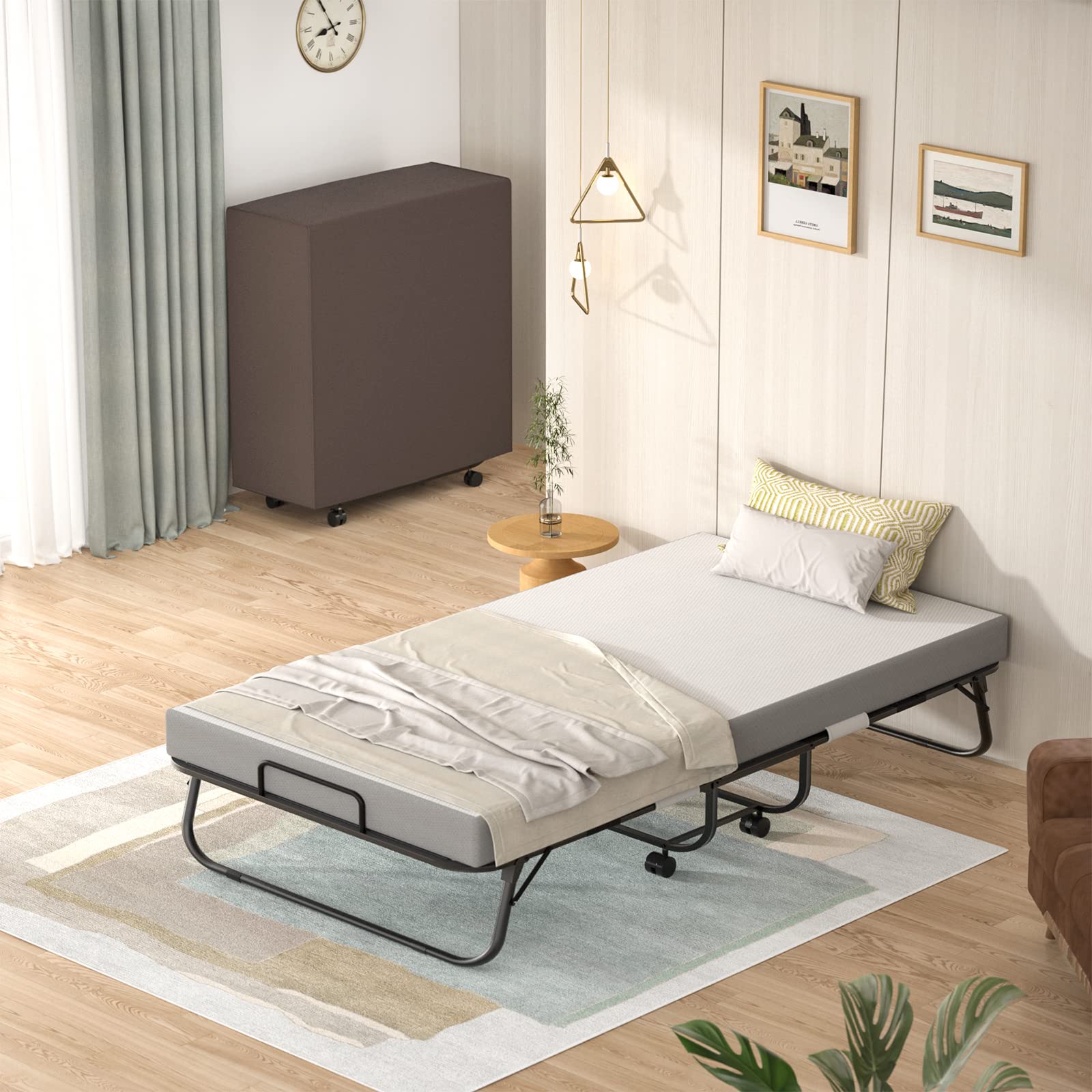 Homieasy Folding Bed with Mattress, 6 Adjustable Positions Backrest, Foldable Bed with Storage Cover, Rollaway Bed for Adults with Memory Foam Mattress and Metal Frame, Cot Size Extra Bed (75β x 31β)