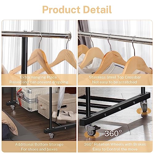 VICERII Double Clothing Rack, Heavy Duty Clothes Rack with Wheels and Extra Wide Bottom Shelf, 52.36ββ Garment Racks for Hanging Clothes, Coats, Shirts, Skirts, Dresses, 130LB Capacity, Black