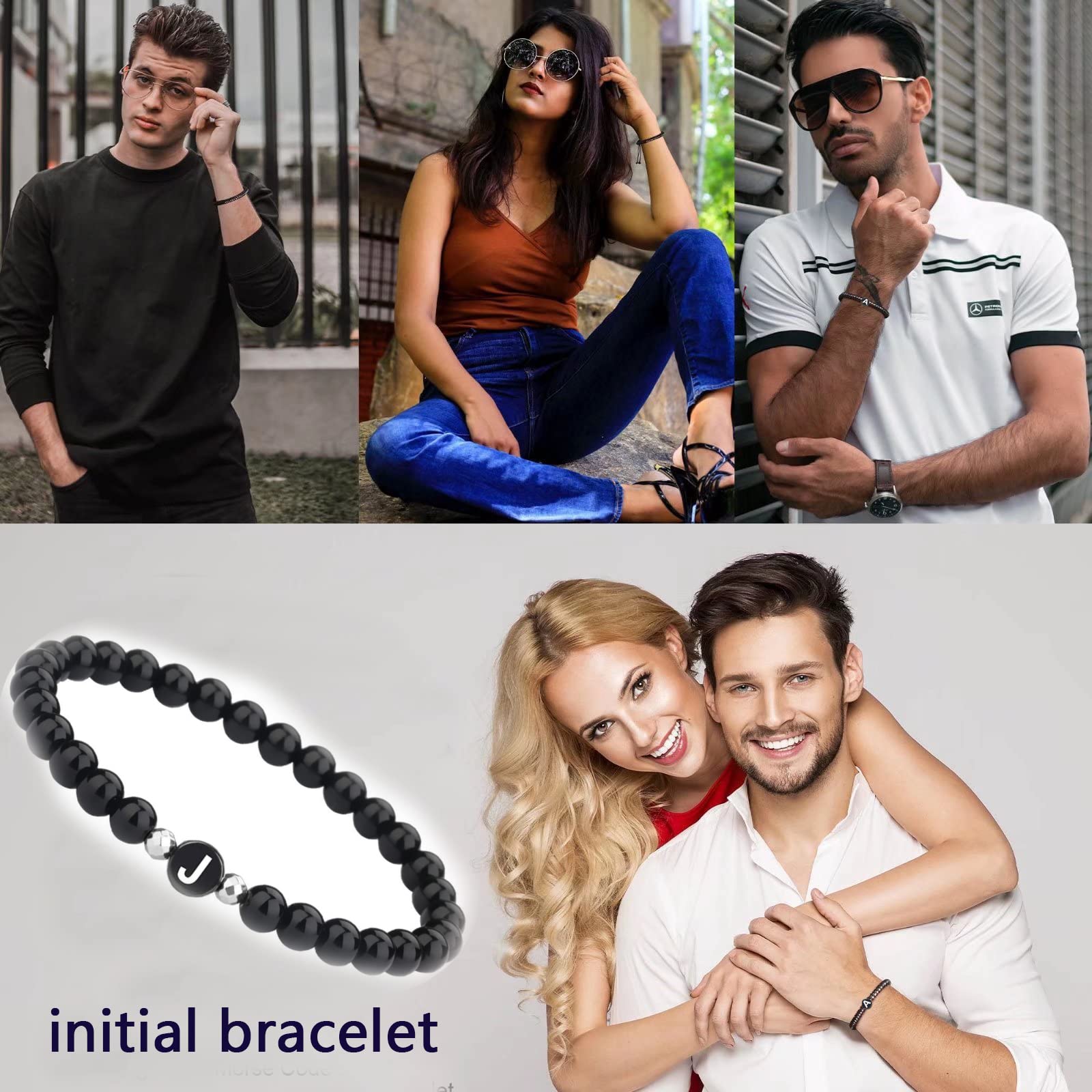 JUVJEW Initial Bracelet for Men Women,6mm Stretch Black/Write Letter Bracelets for couples, Personalized MAMA MOM bracelet for Mother (MAMA-black)