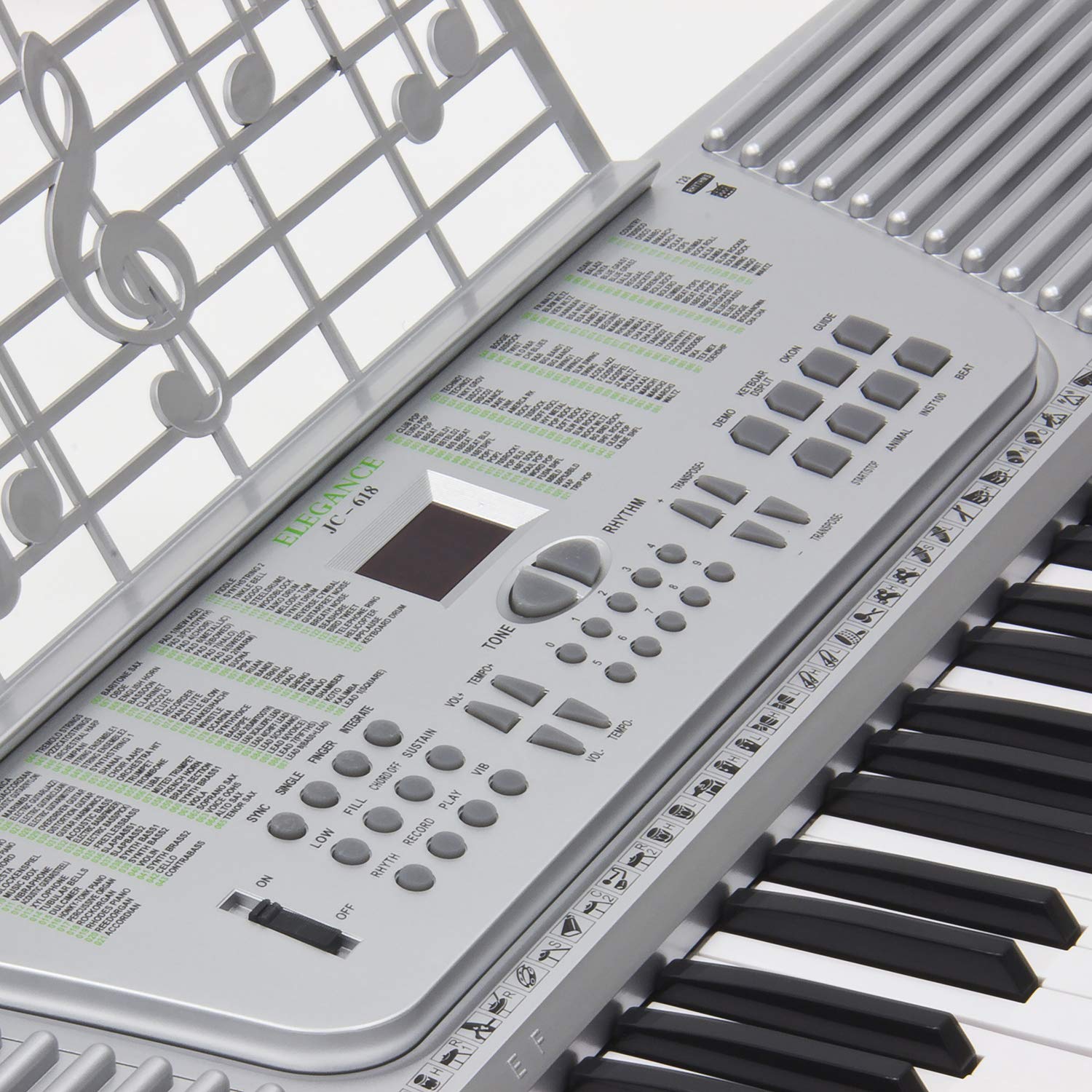 JUNELILY 61-Key Electronic Keyboard Piano Kit w/ 300 Built-in Tones, Music Rest & Demo Songs | Starter Piano Set for Beginners and Students for Piano Learning (Silver)