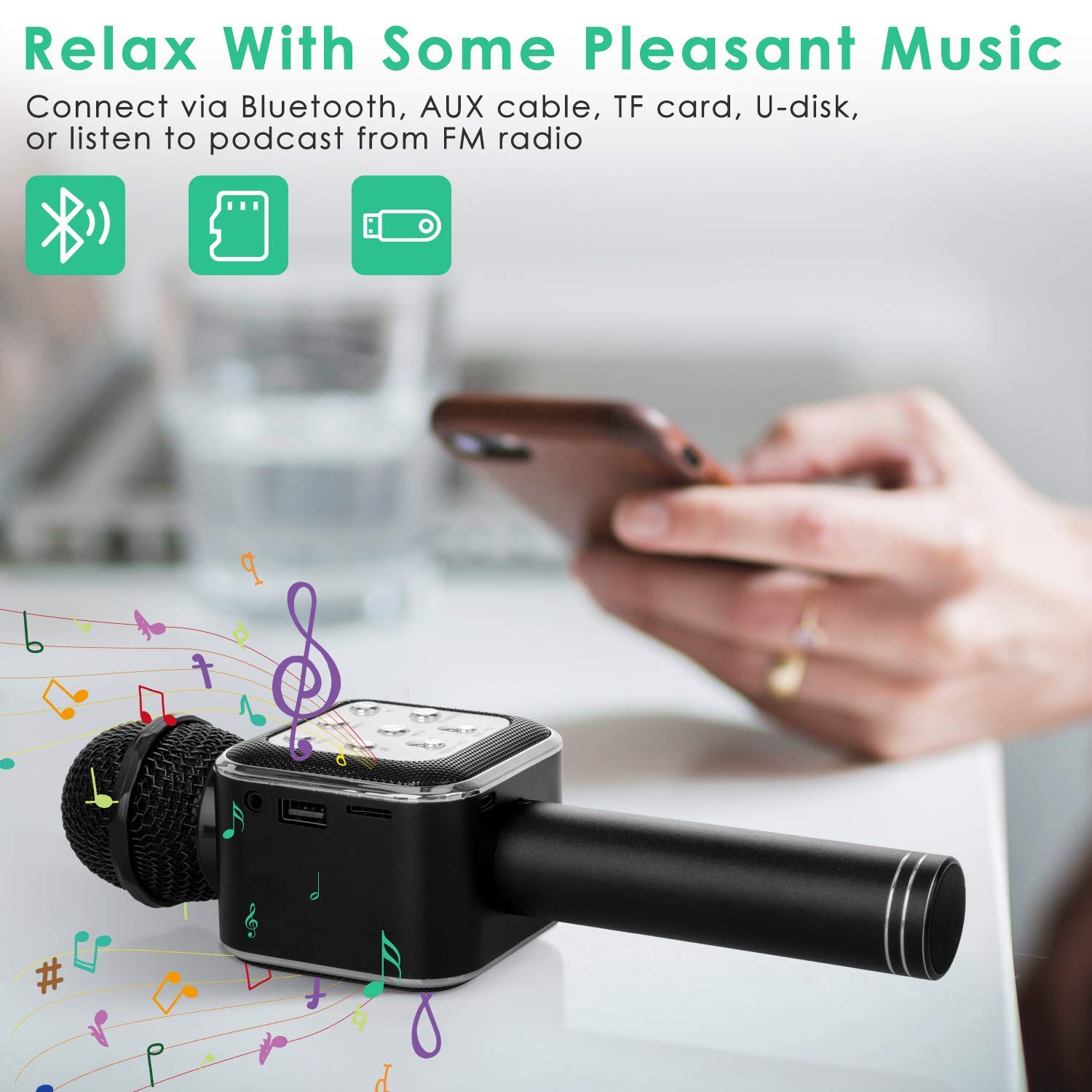 KIDWILL Wireless Bluetooth Karaoke Microphone for Kids, 5-in-1 Portable Handheld Karaoke Mic Speaker Player Recorder with LED Lights for Kids Girls Boys Teens Birthday (1818-Black)