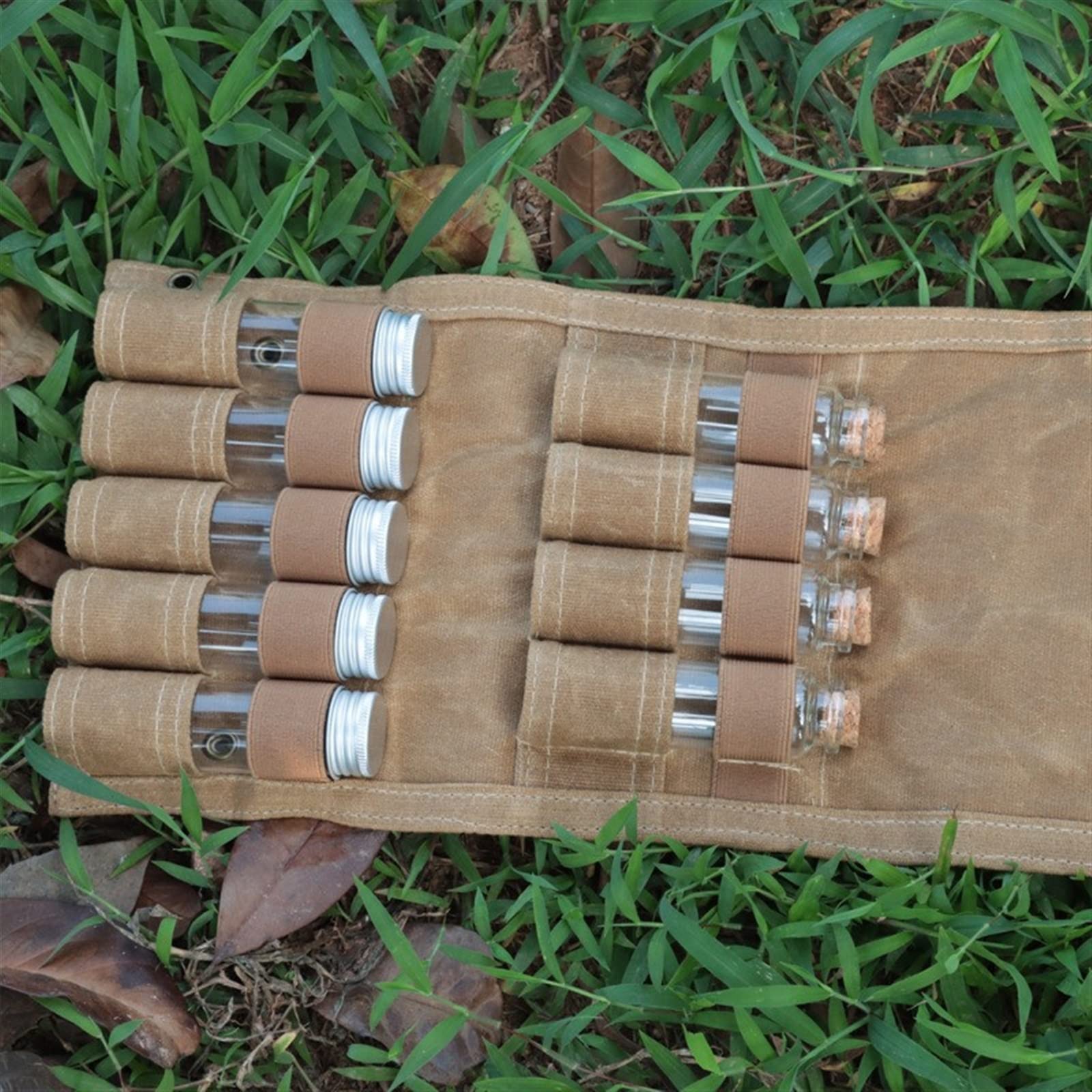 HQSGDMN Outdoor Portable BBQ Seasoning Spice Bottle Set with Portable Folding Wax Canvas Bag with 9 Condiment Jars, Multi Spice Containers for Camping BBQ Outdoor Picnic (Color : Brown)