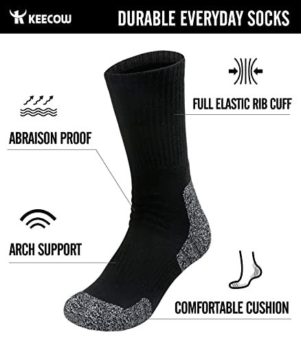 KEECOW Men's Crew Socks, 5 Pairs Athletic Cushioned Socks For Working Hiking (Large, Black (5 Pairs))
