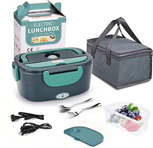 Vegoran Electric Lunch Box Food Heater,2 in 1 Portable Faster Food Warmer with 1.5L Removable Stainless Steel Container for Car/Truck/Home Work Adults, 12v/24v/110v/60w (Dark Green)