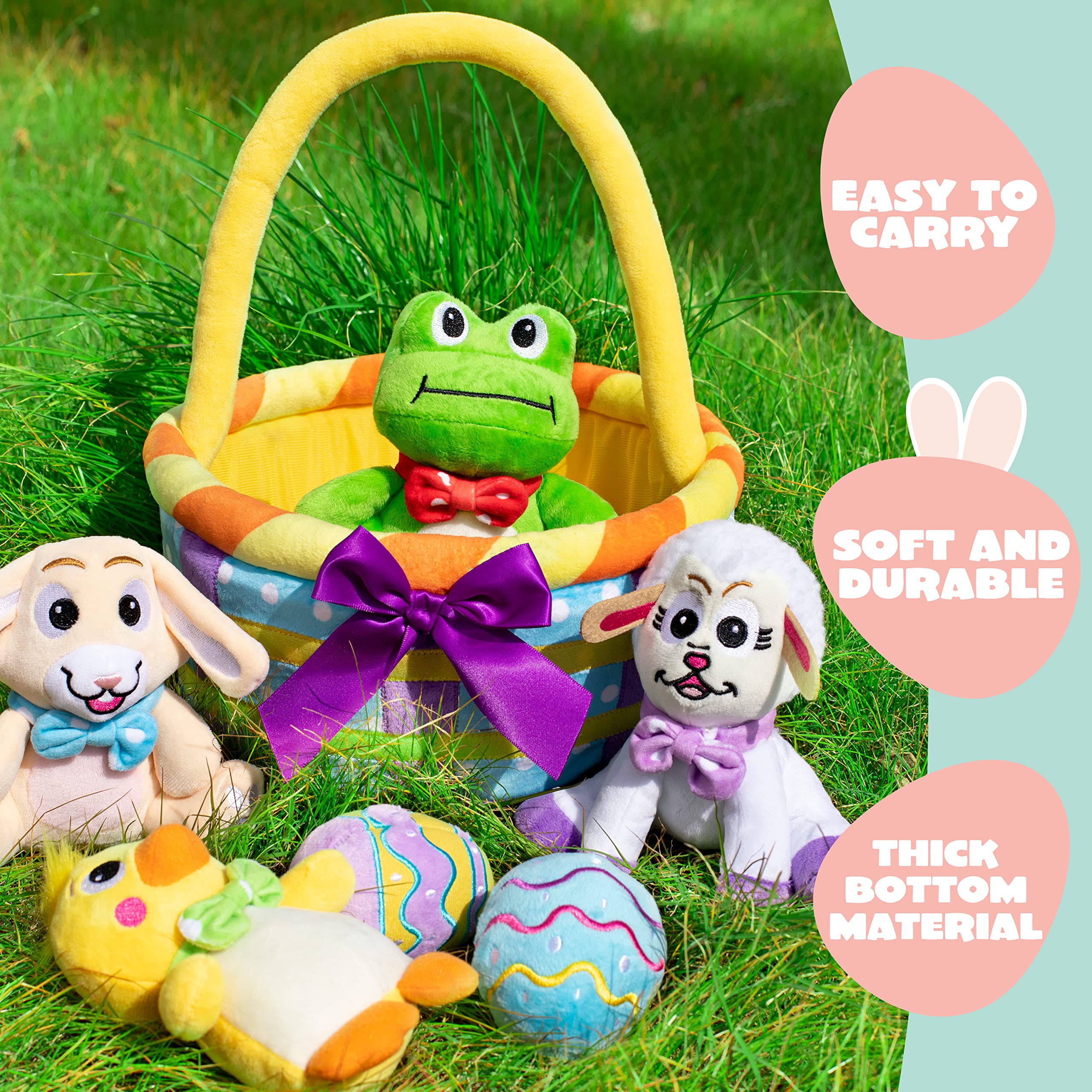 JOYIN 7 PCS Basket for Easter Stuffed Plush Playset for Baby Kids Easter Theme Party Favor, Easter Eggs Hunt, Basket Stuffers Fillers, Party Supplies Decorations