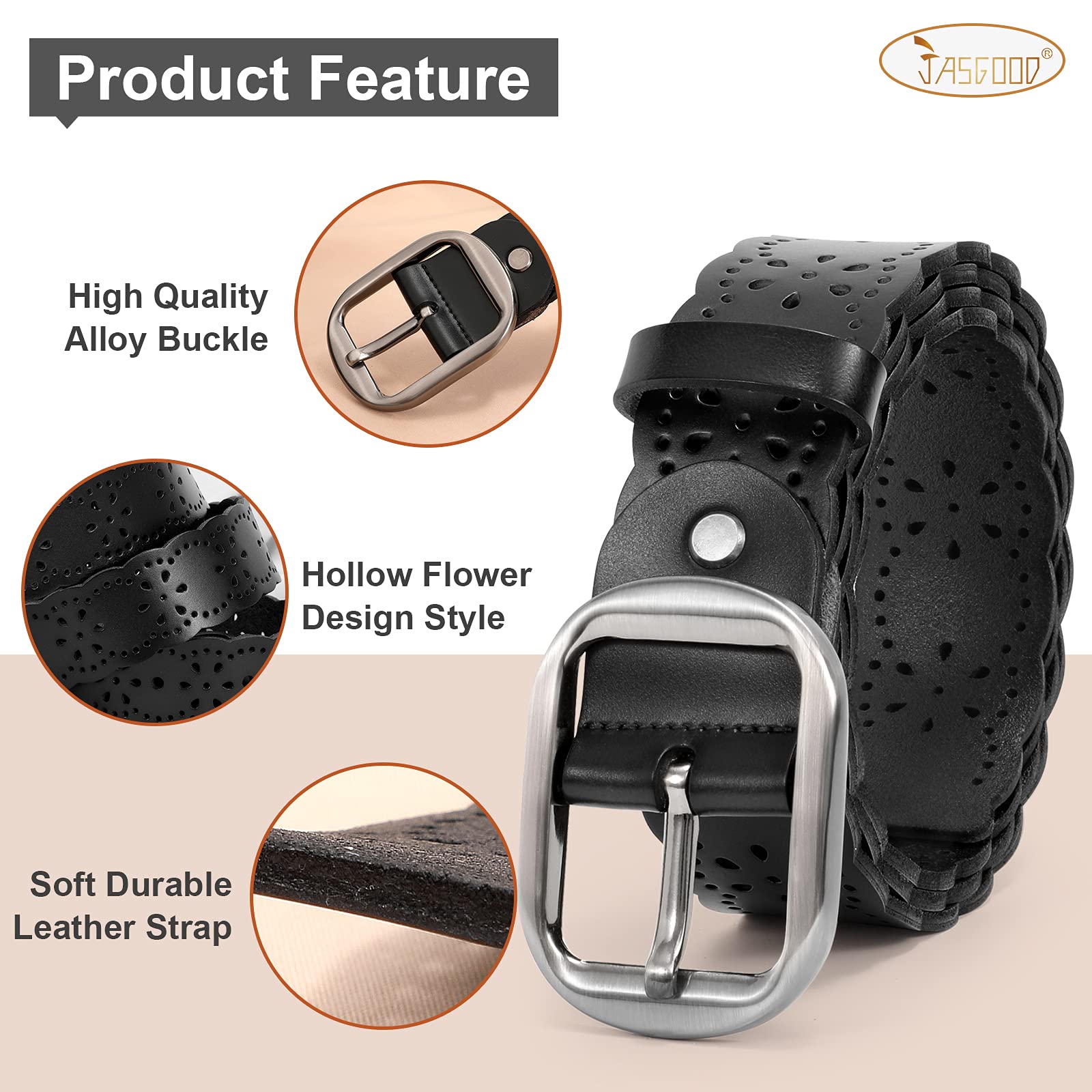JASGOOD Women's Plus Size Belt, Hollow Flower Leather Belt for Jeans Pants Wide Belt with Metal Buckle