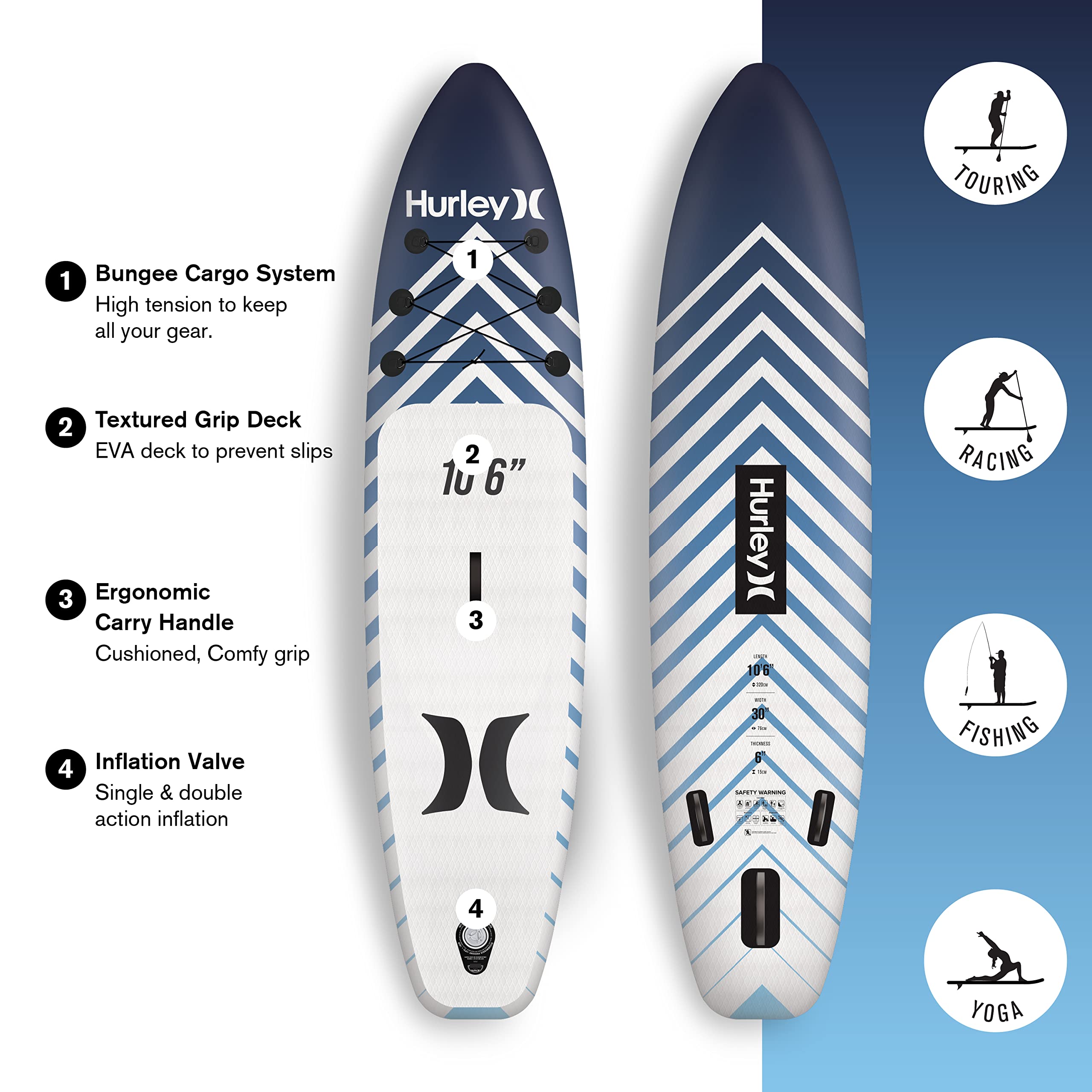 Hurley One & Only 10' 6" Stand Up Paddle Board with Backpack, Air Pump, Adjustable Floating Paddle, Coiled Leash, Fin & Repair Kit (White)