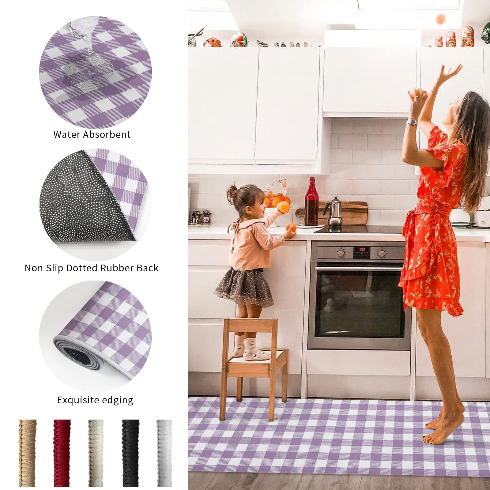 Kitchen Rugs, Purple and White Buffalo Check Plaid Gingham Farmhouse Decoration Non Slip Runner Rug Mat for Floor, Kitchen, Bedside, Sink, Office, Laundry, Set of 2
