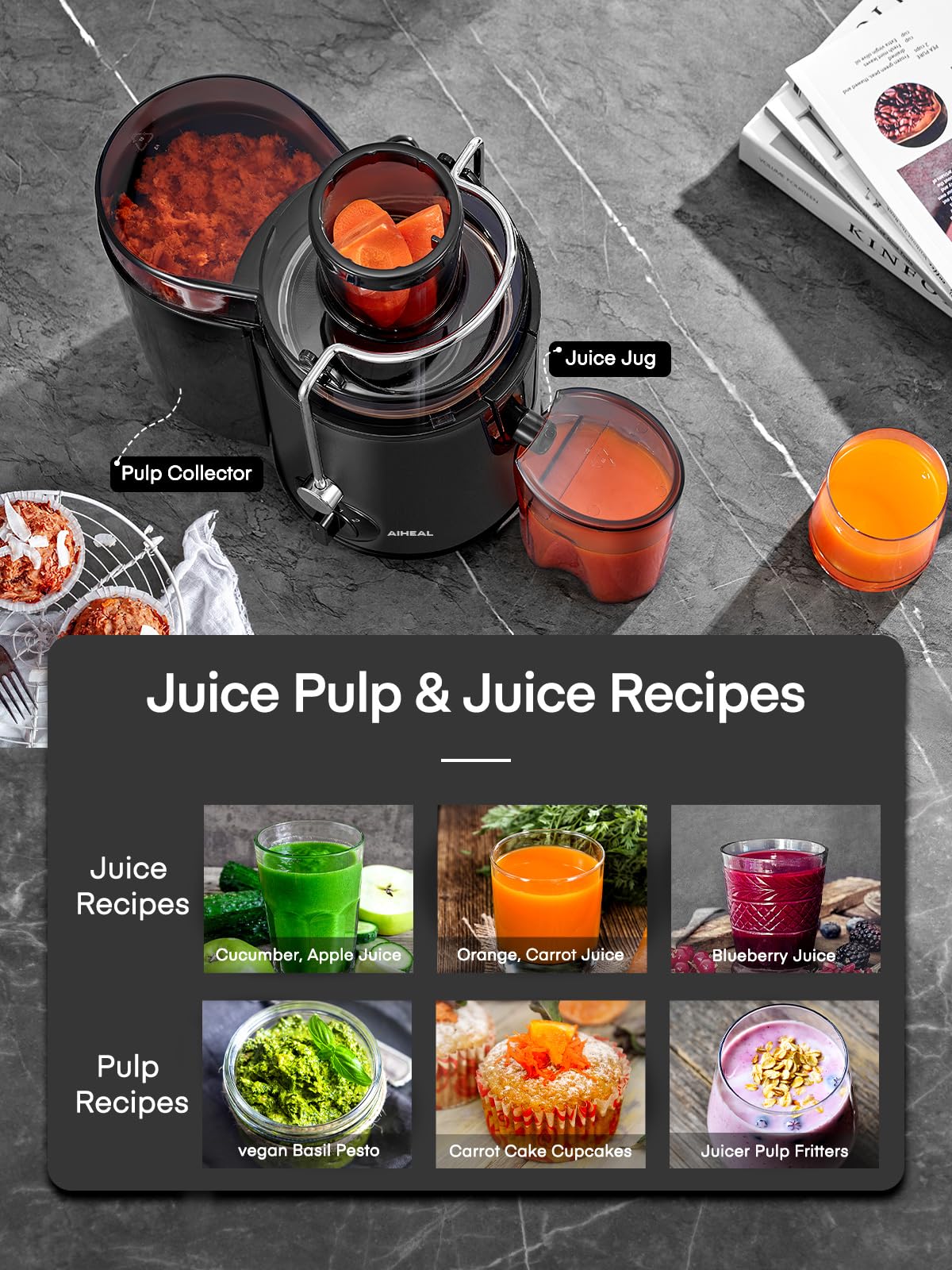 Juicer Machines, Aiheal Juicer Vegetable and Fruit Easy to Clean, Centrifugal Juicer with 3β Wide Mouth, 3 Speed Control, Overload Protection System, Cleaning Brush and Recipe Included, Black