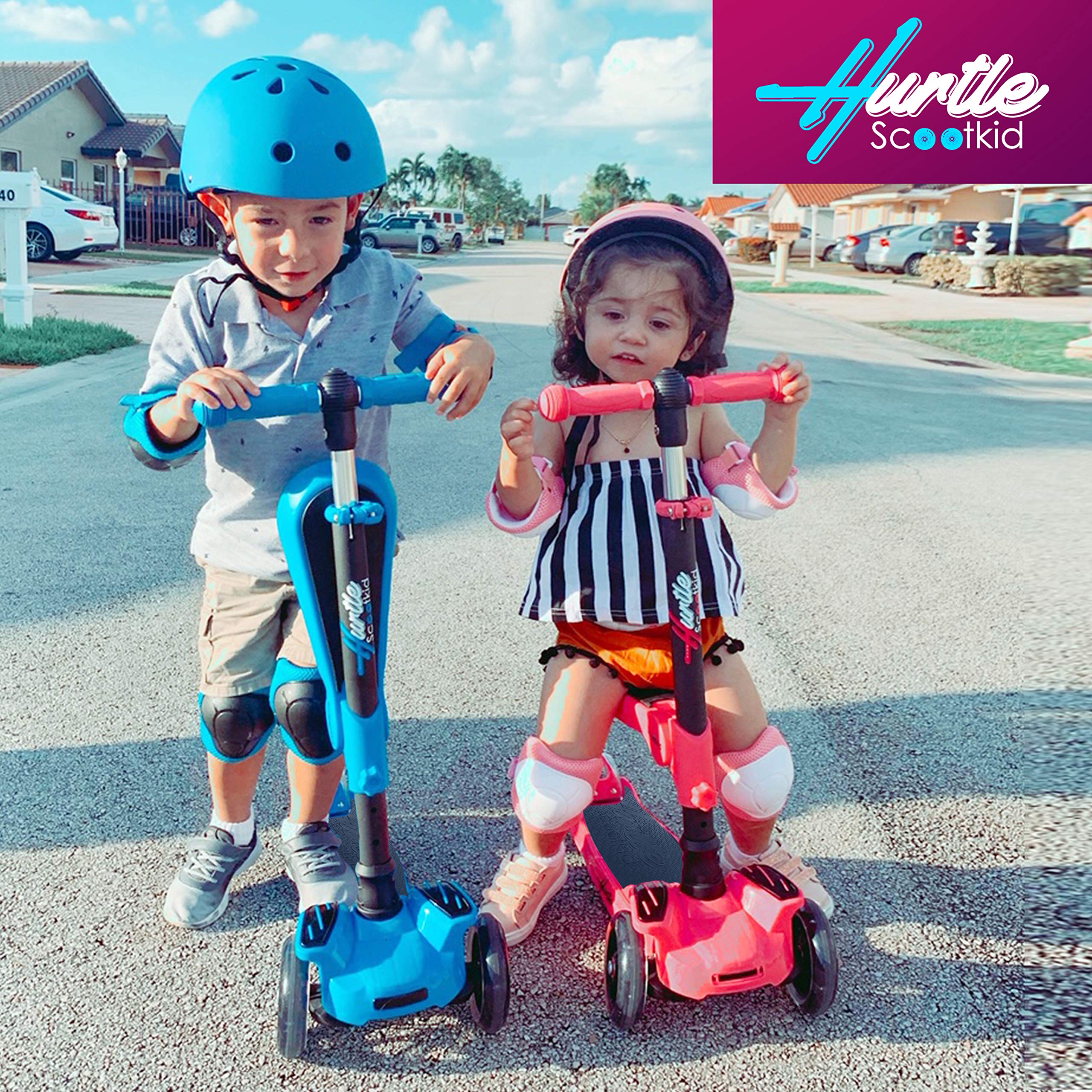 Hurtle 3-Wheeled Scooter for Kids - Wheel LED Lights, Adjustable Lean-to-Steer Handlebar, and Foldable Seat - Sit or Stand Ride with Brake for Boys and Girls Ages 1-14 Years Old - Blue