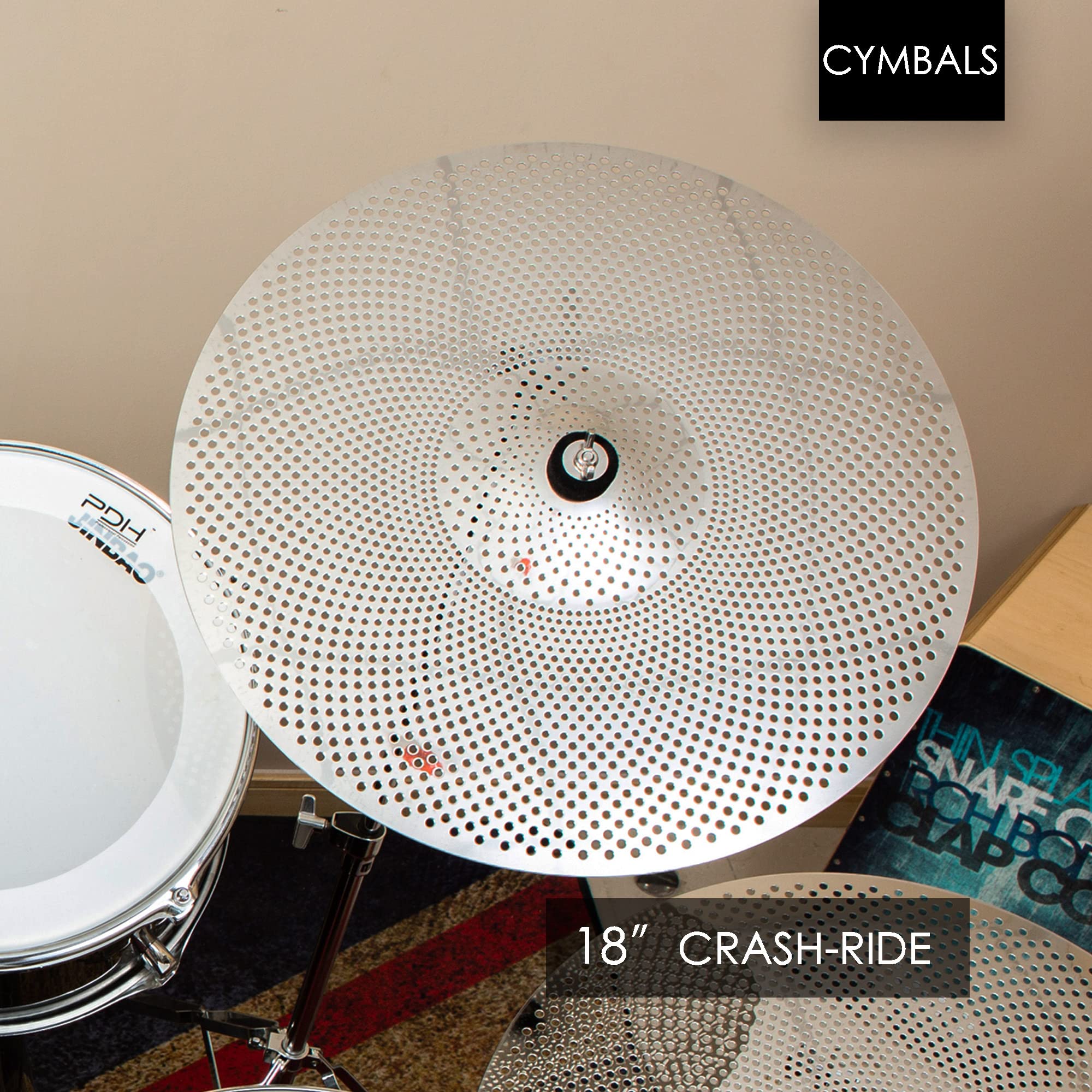 Low Volume Crash Ride Cymbal, 18 inches Practice Crash-Ride Cymbal, Quiet Crash-Ride Cymbal (18'', Silver)