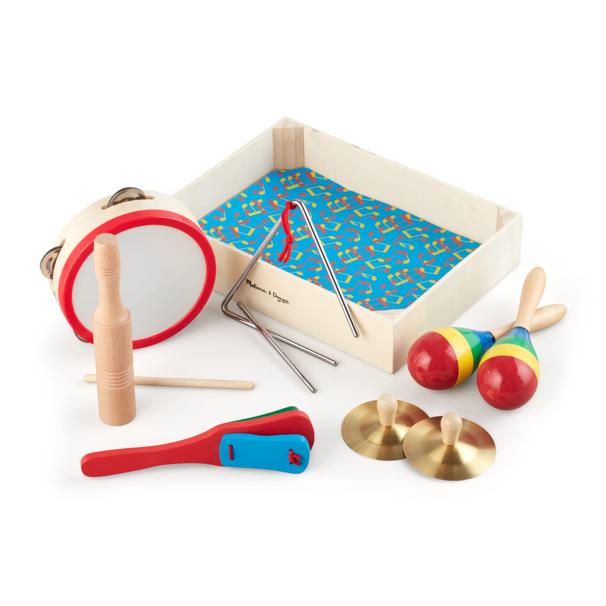Melissa & Doug Band-in-a-Box Clap! Clang! Tap! - 10-Piece Musical Instrument Set & Deluxe Pounding Bench Wooden Toy with Mallet