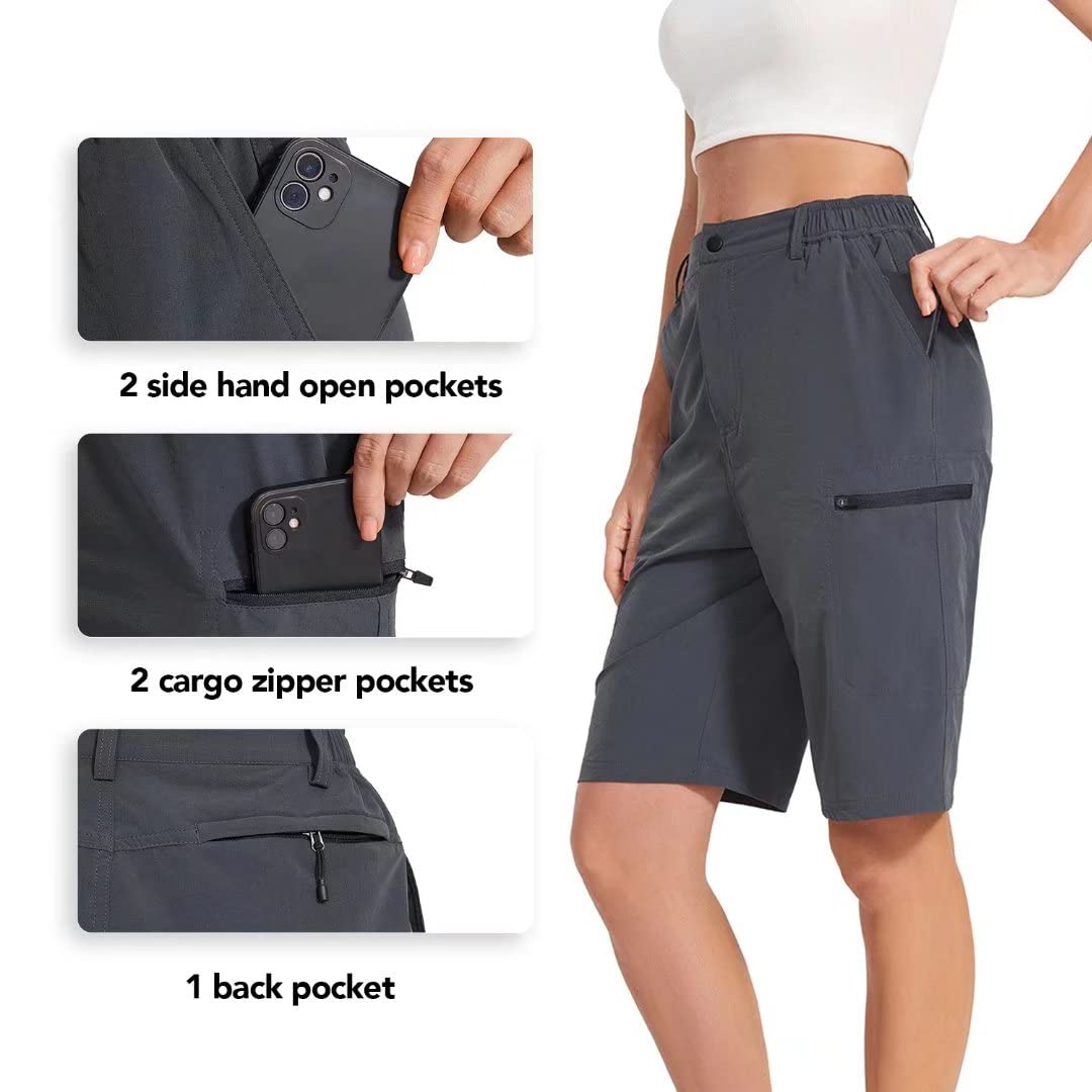 MONSTER VALLEY Women's Hiking Cargo Shorts 10" Lightweight Quick Dry Summer Bermuda Golf Shorts Outdoor Travel Water Resistant, Grey, Large