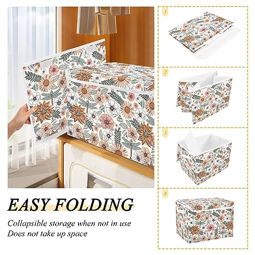 Krafig Foldable Storage Box Large Cube Organizer Bins Boho Flowers Containers Baskets with Lids Handles for Closet Organization, Shelves, Clothes, Toys