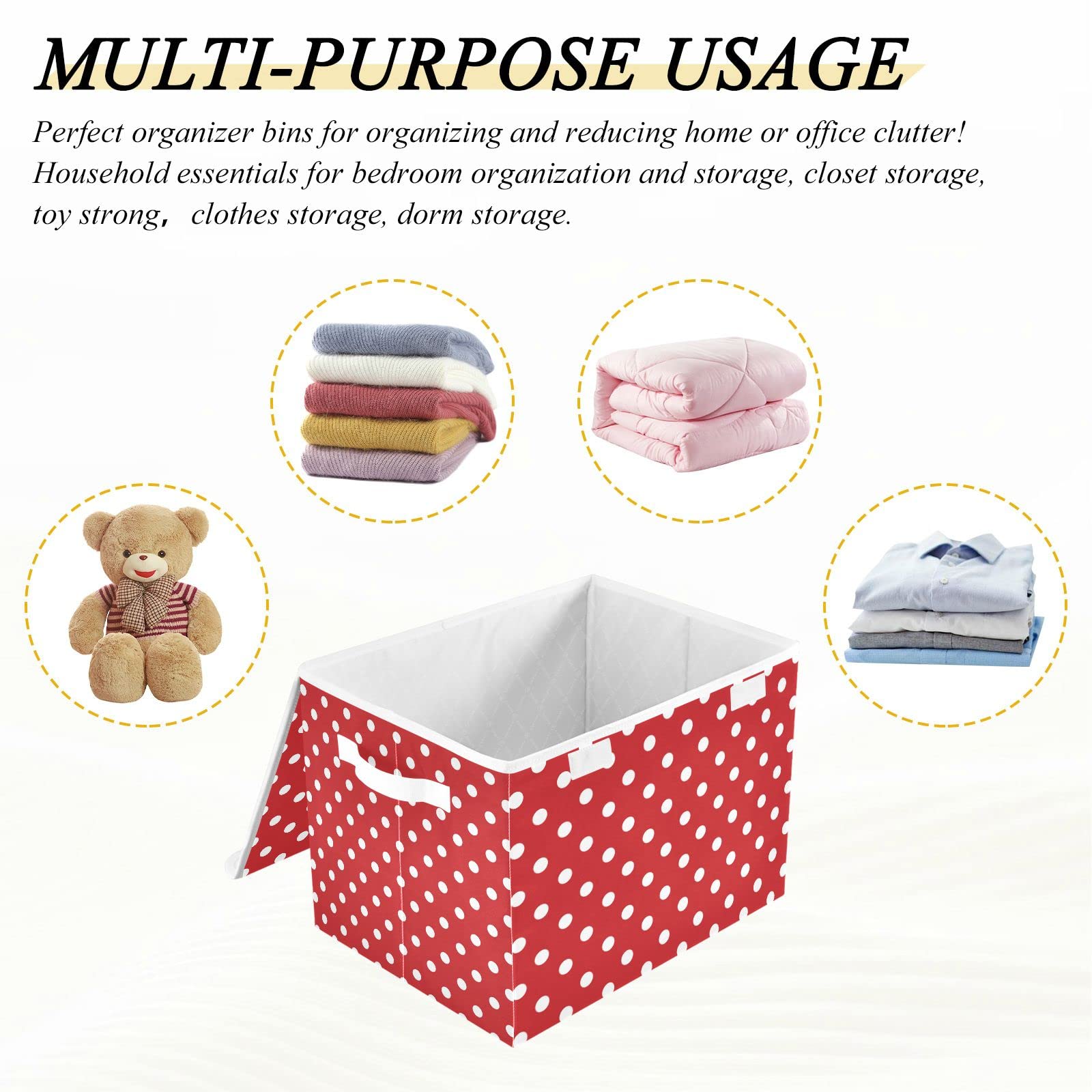 Kigai Storage Basket Red and White Polka Dot Storage Boxes with Lids and Handle, Large Storage Cube Bin Collapsible for Shelves Closet Bedroom Living Room, 16.5x12.6x11.8 In
