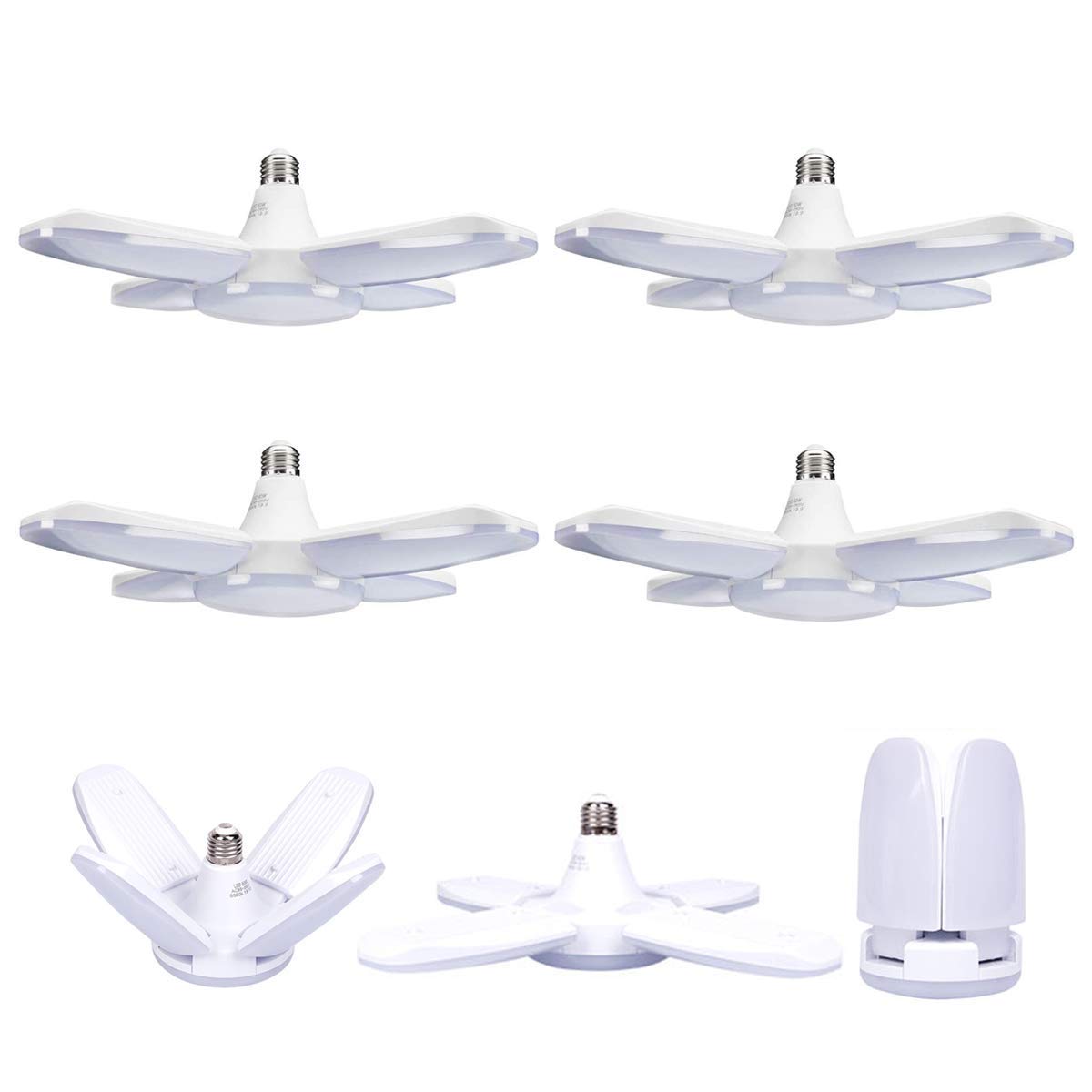 HZMENG LED Garage Lights 4 Pack, Tribright Garage Ceiling Lighting 6000LM, 60W E26 / E27 Daylight Lamp with 4 Adjustable Panels for Garage, Workshop, Warehouse, Workbench, Barn, Shop, Basement