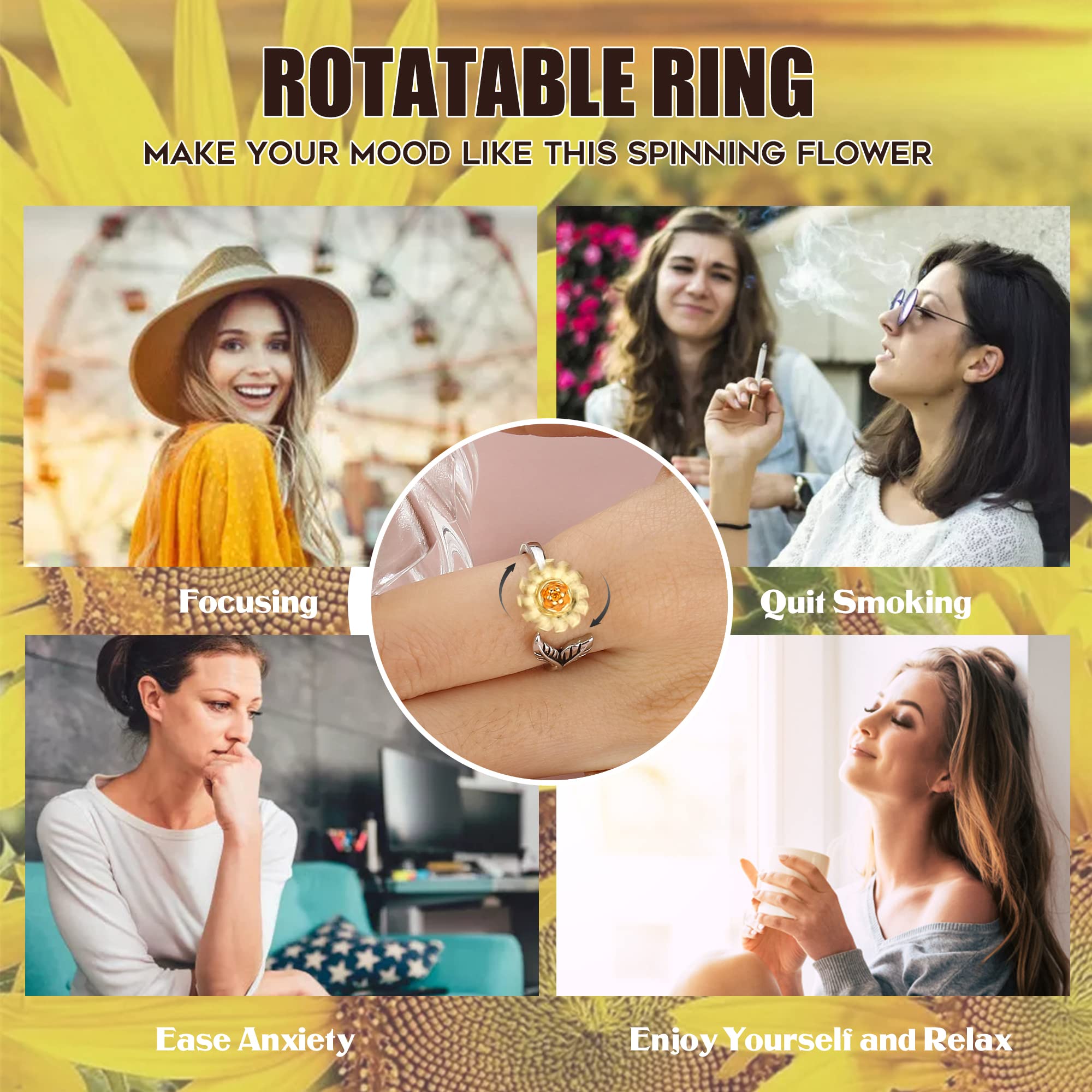 LOYALLOOK 4Pcs Fidget Rings Sunflower Spinner Rings Sun Moon Star Anxiety Rings Adjustable Worry Stress Relieving Ring Rotatable Heart Matching Rings Hug Hands Ring for Couples