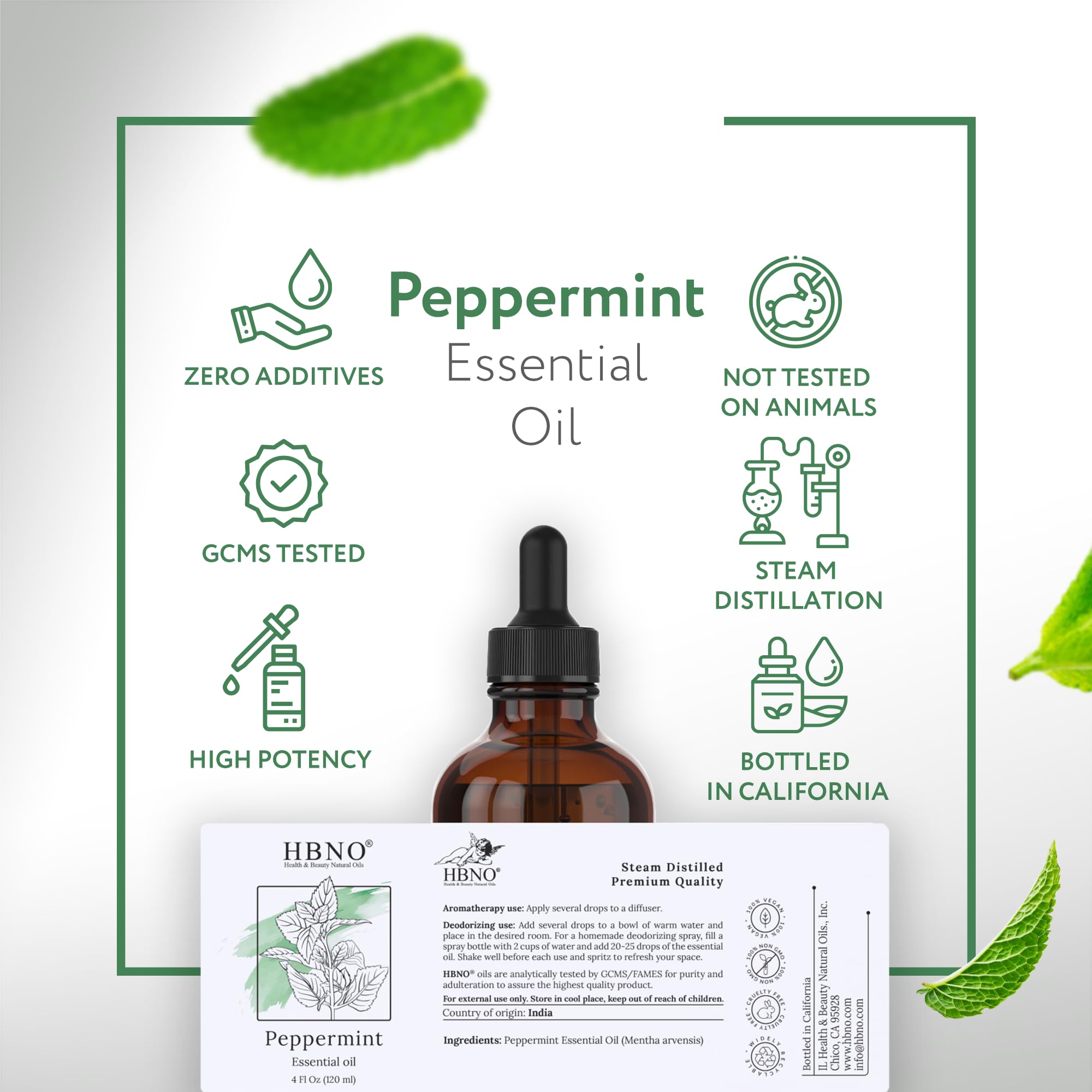 HBNO® California Bottled Peppermint Essential Oil for Diffuser 4 fl oz (120ml) - Natural Peppermint Oil for Hair - Perfect for Aromatherapy & DIY, Essential Oil Peppermint