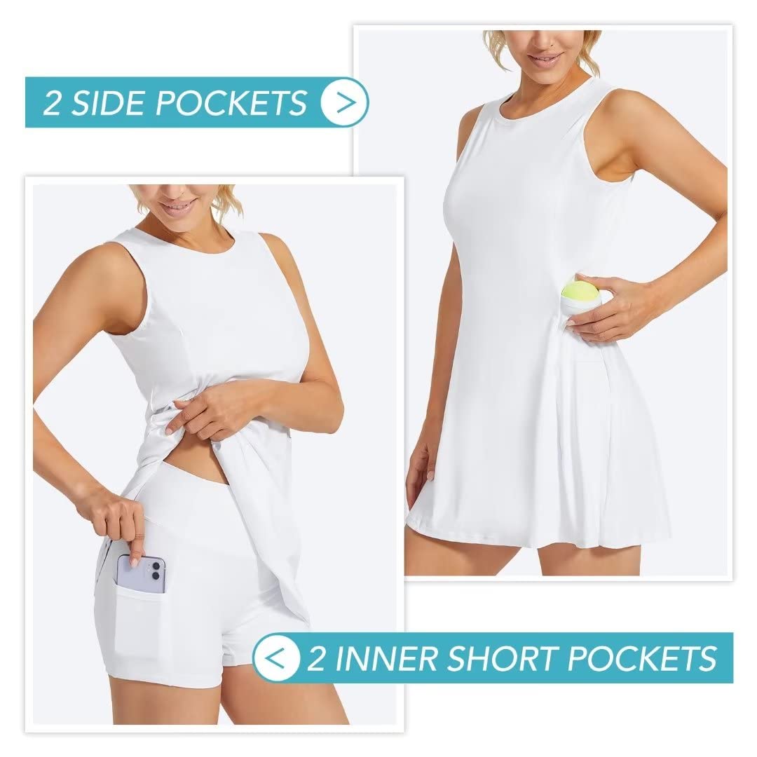 MONSTER VALLEY Women Exercise Workout Dresses Athletic Dress Sleeveless Built-in with Shorts Pockets Golf Tennis Dresses, White, Large