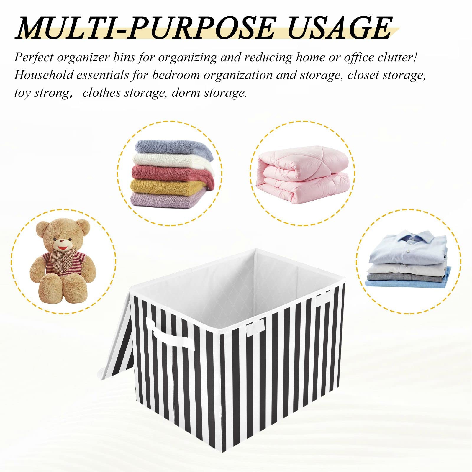 Kigai Storage Basket Black and White Stripes Storage Boxes with Lids and Handle, Large Storage Cube Bin Collapsible for Shelves Closet Bedroom Living Room, 16.5x12.6x11.8 In