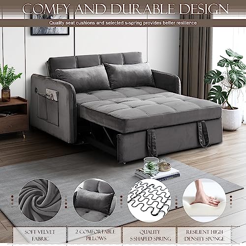 Velvet Pull Out Sleeper Sofa Bed with USB Ports, Convertible Futon Couch with Adjustable Backrest, 3 in 1 Modern Loveseat with 2 Pockets and Pillows, Small Love Seat for Living Room, Office, Dark Grey