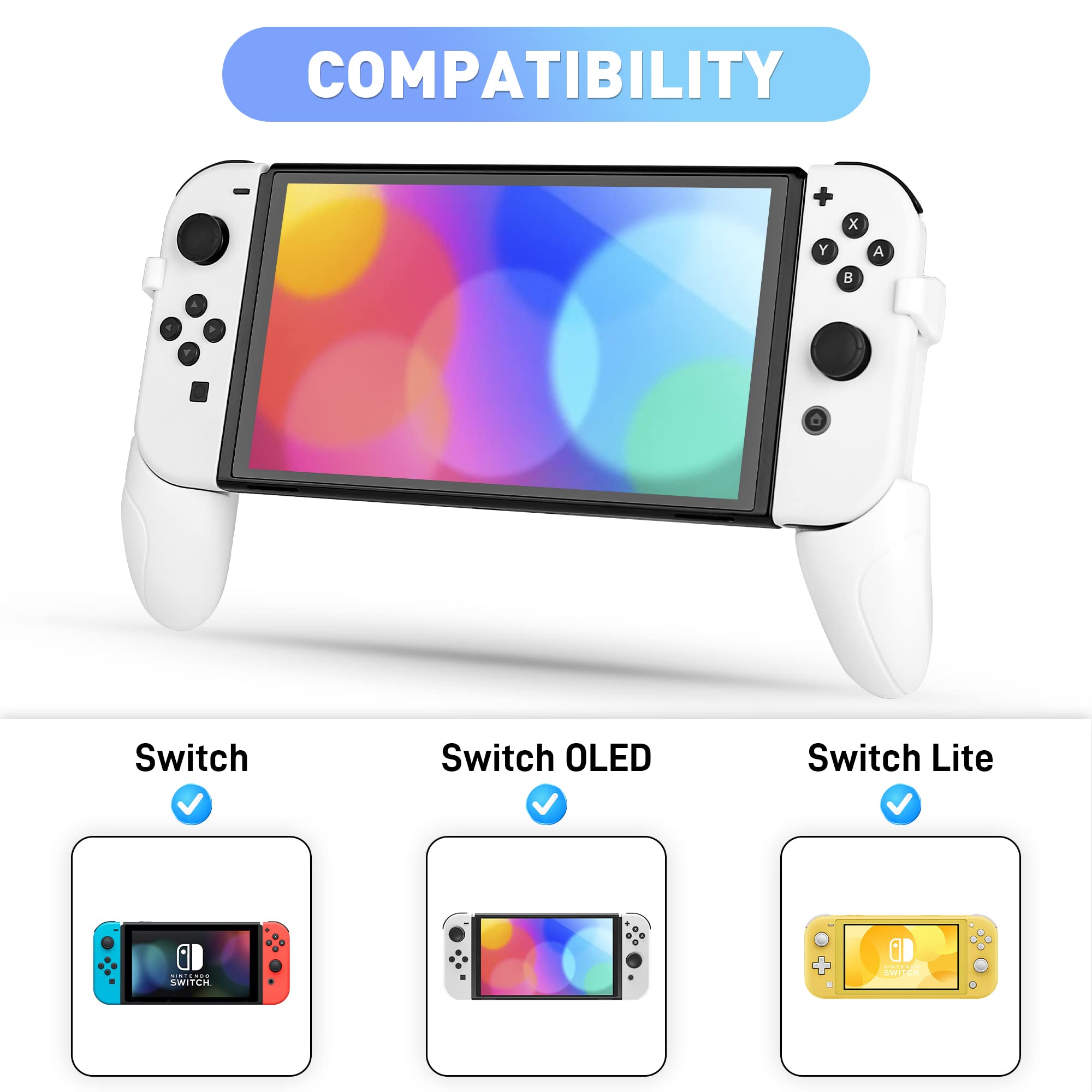 LASTYAL Adjustable Handle Grip for Nintendo Switch OLED Model and Switch Standard Edition with 2 Game Card Slots Holder Design, Ergonomic Foldable Grip for Switch Lite with 8 Thumb Grip Caps