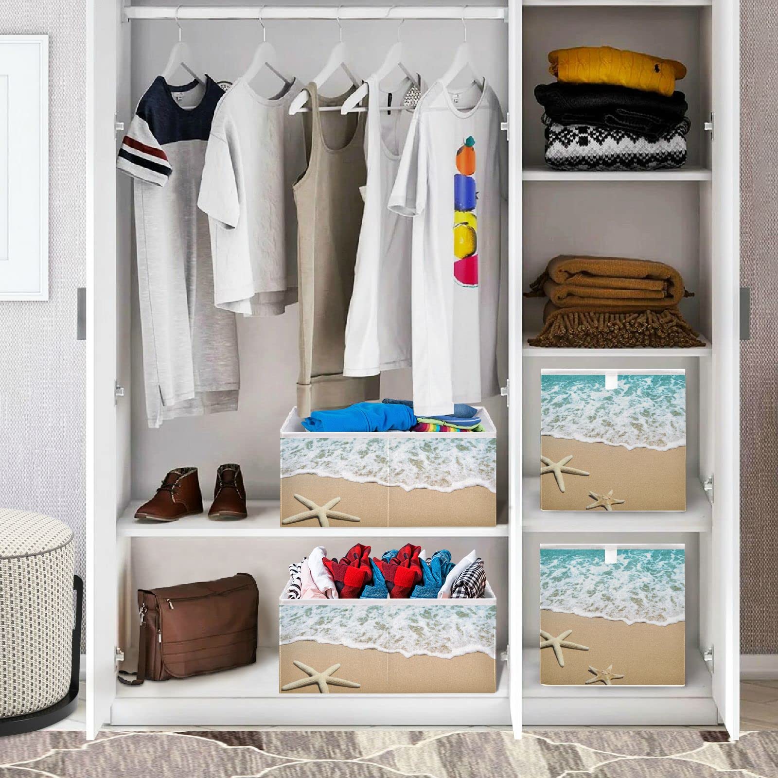 Kigai Storage Basket Summer Beach Shells Foldable Storage Bin 11 X 11 X 11 Inches Cube Storage Baskets Box for Shelves Closet Laundry Nursery Bedroom Home Decor