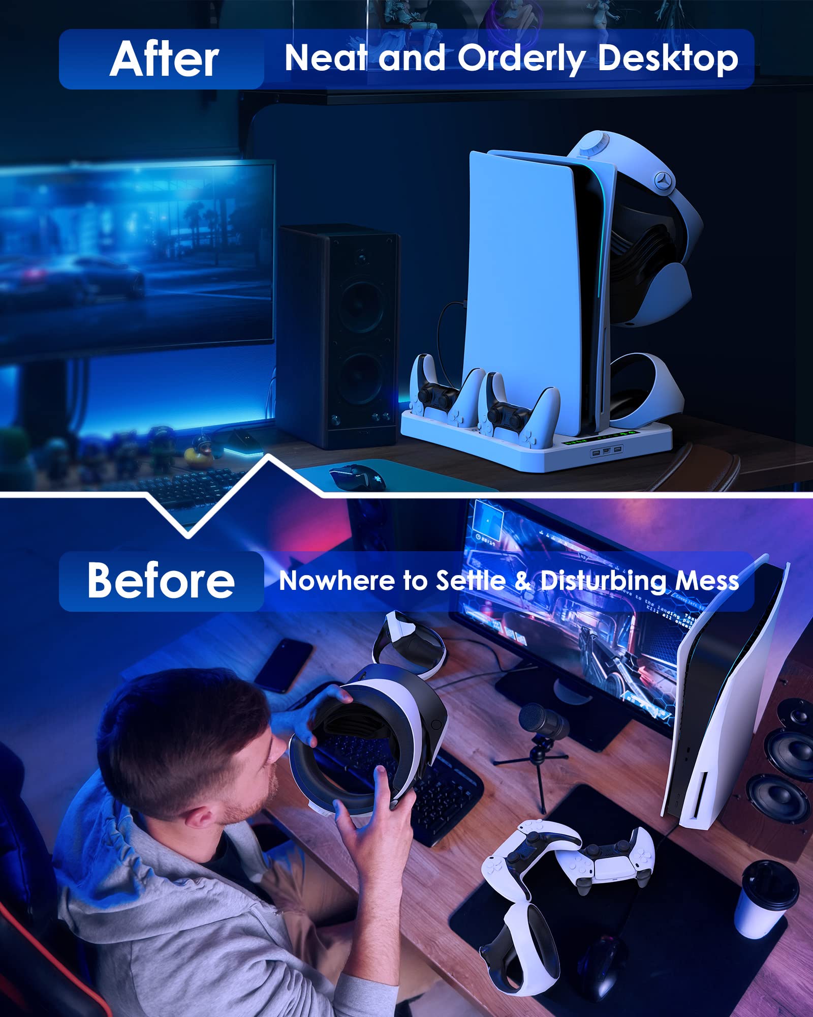 HAPAW PS-5 Cooling Stand & PSVR2 Charging Station, Metal Stand Base, 3-in-1 Storage, Wireless Charging for 4 Controllers, LED Indicators, Compatible with Disc & Digital Editions