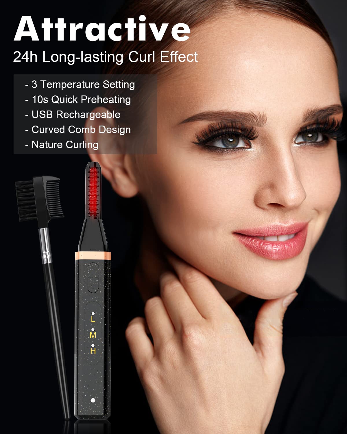Heated Eyelash Curler, USB Rechargeable Electric Eyelash Curler for Quick Natural Curling,Long Lasting Eyelashes Curl Tool Valentine's Gifts for Women (Black)