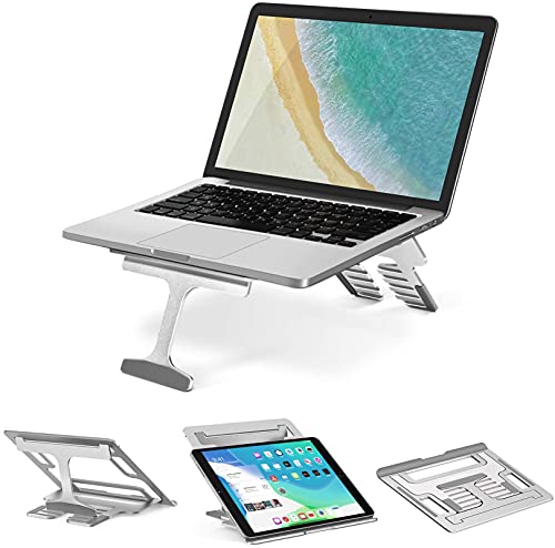 ivoler 2 in 1 Laptop Riser Stand, 6 Angles, 3 Folding Modes,Portable Ergonomic Angled Laptop Aluminum Stand Adjustable Height Laptop Holder with Slide-Proof Silicone for Laptop 10''~15.6'' (Silver)