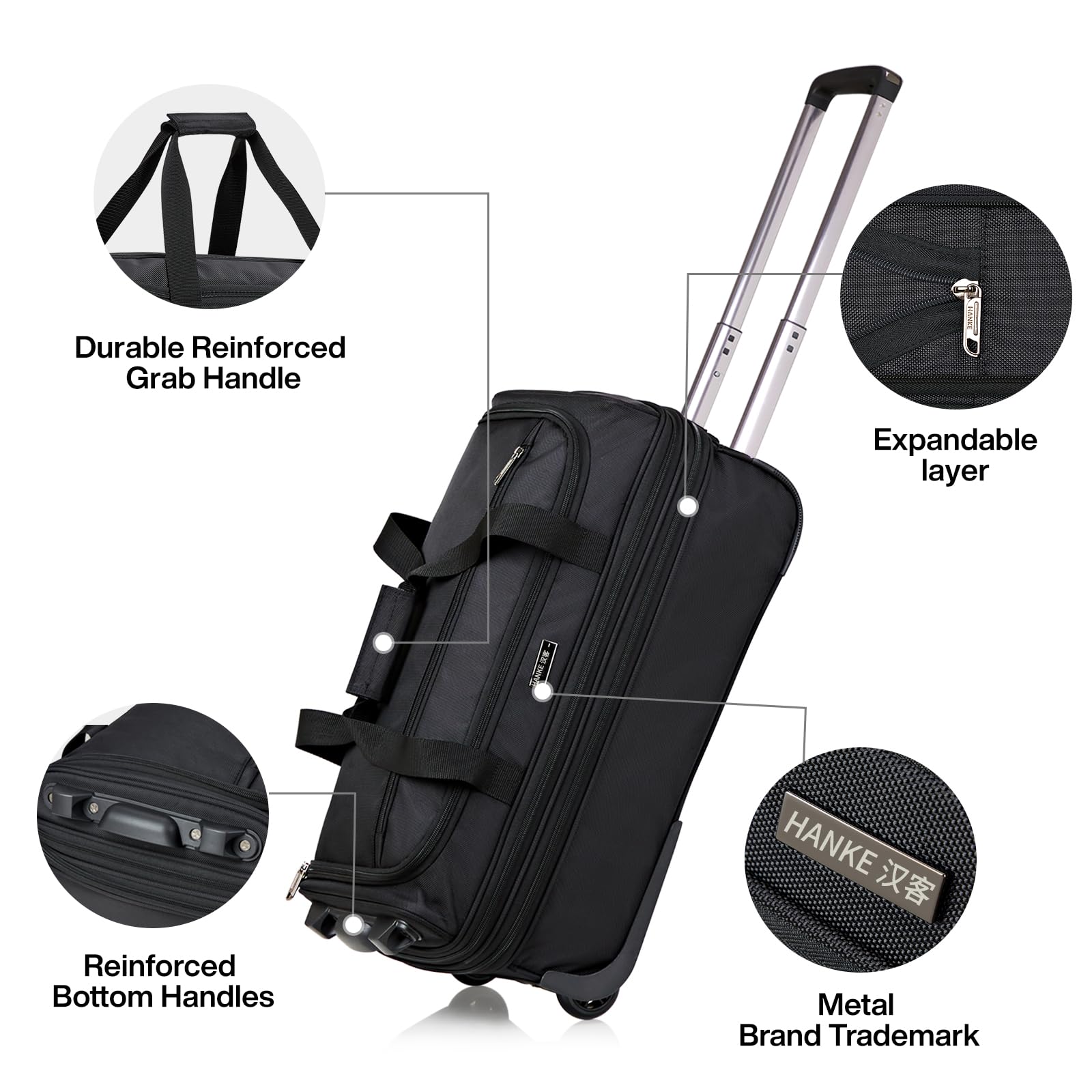 Hanke 20 Inch Expandable Carry On Luggage Suitcases with Wheels Foldable Duffle Bag for Travel Carry On suitcase Weekend Bag for Women Men Garment Bag.(Black)