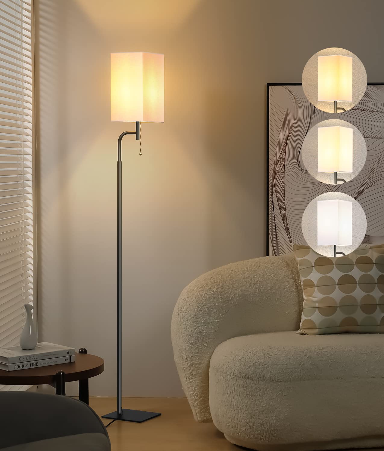 Iporovon Floor Lamps for Living Room, 3 Color Temperatures Tall Lamp, Modern Standing Lamp for Bedroom, Square Linen Shade, Minimalist Pole Lamp for Office Kids Room Working Reading