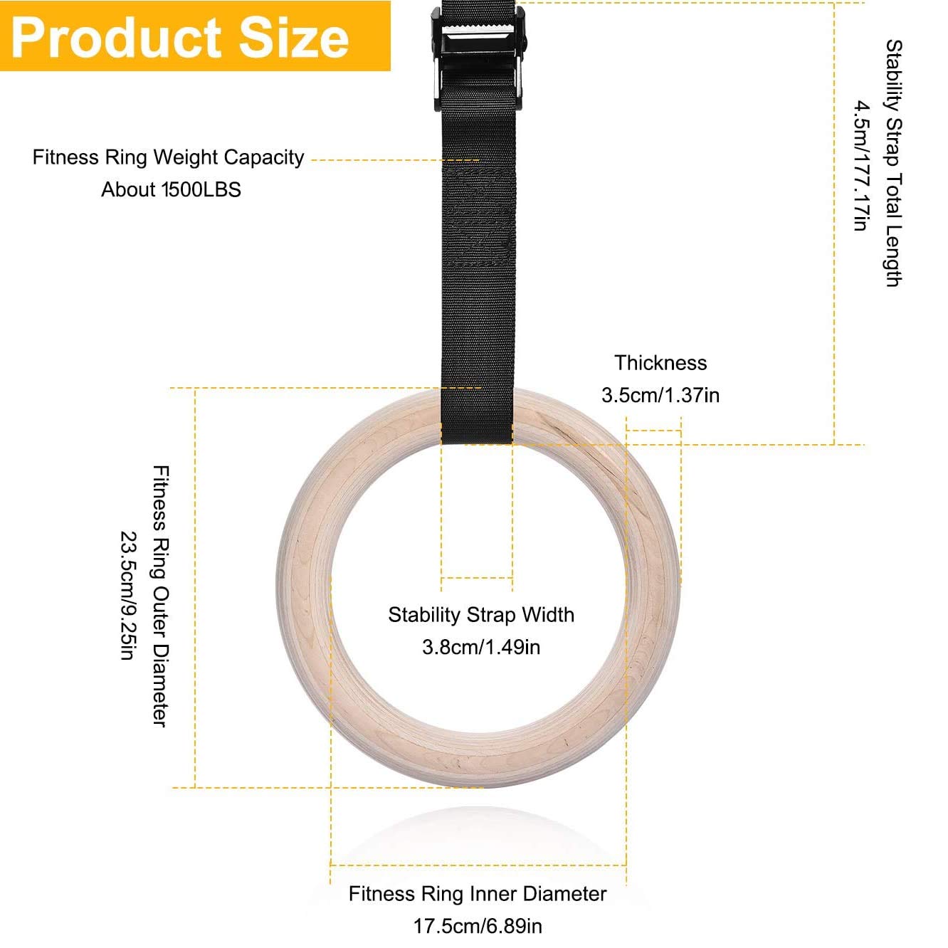juperbsky Gymnastic Rings Workout Set with Adjustable Straps for Full Body Strength Training and Bodyweight Crossfit Exercise (Wood)
