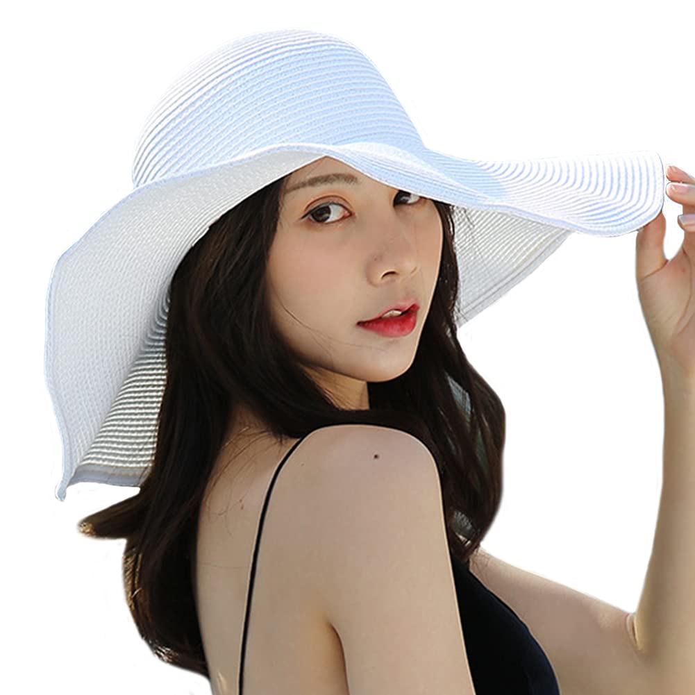 Itopfox Women's Beachwear Sun Hat Striped Straw Hat Floppy Big Brim Hat WT, White, One Size
